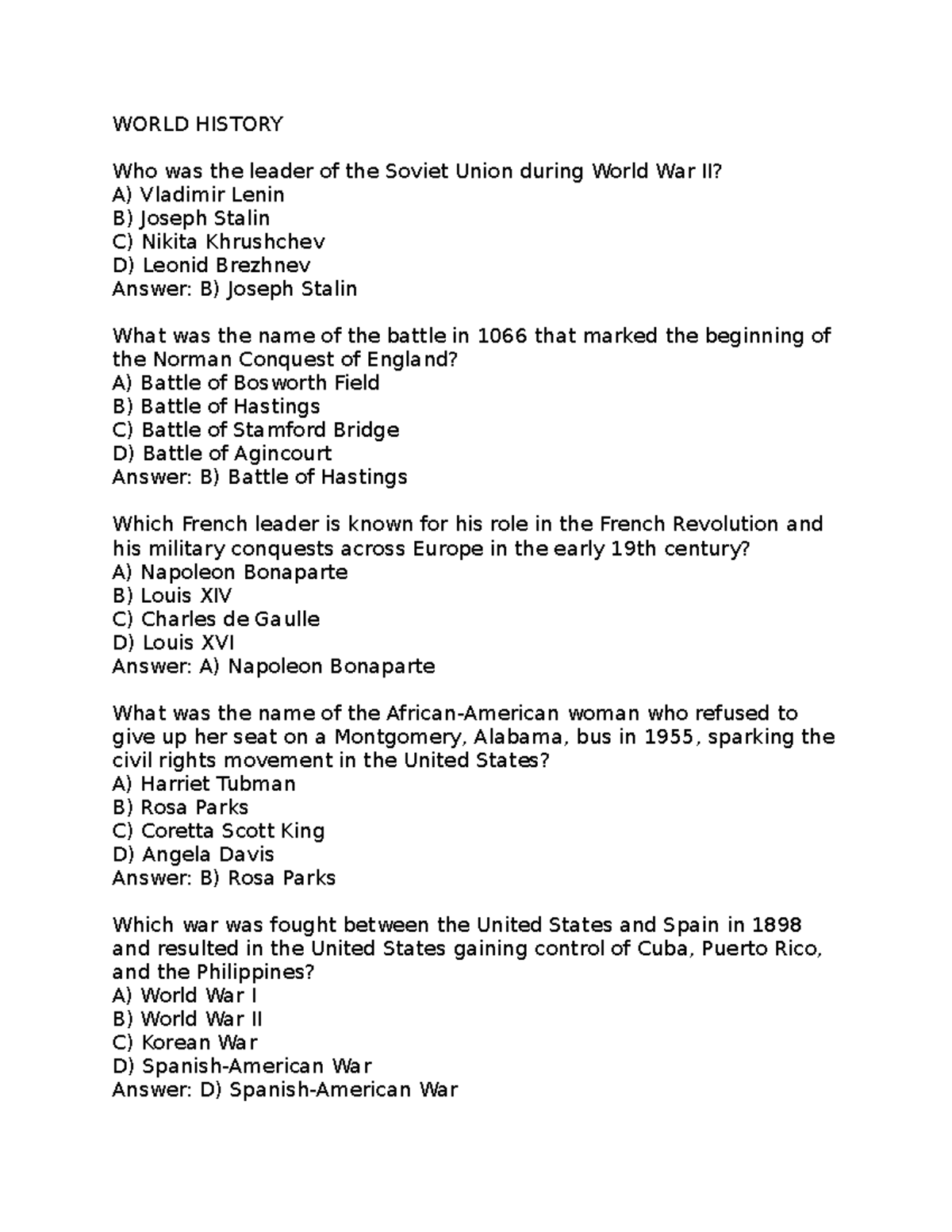 World History - QUIZ - WORLD HISTORY Who was the leader of the Soviet ...