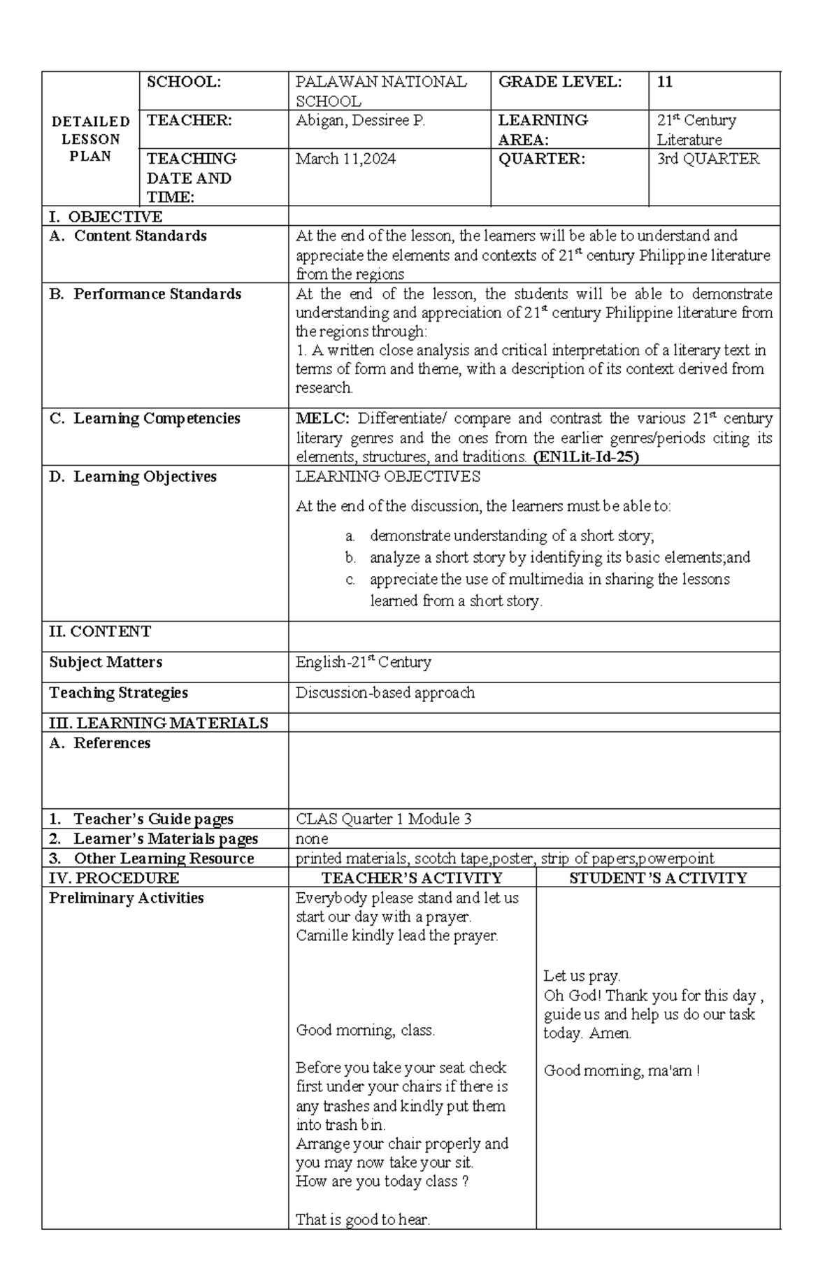 Detailed- Lesson-PLAN - DETAILED LESSON PLAN SCHOOL: PALAWAN NATIONAL ...
