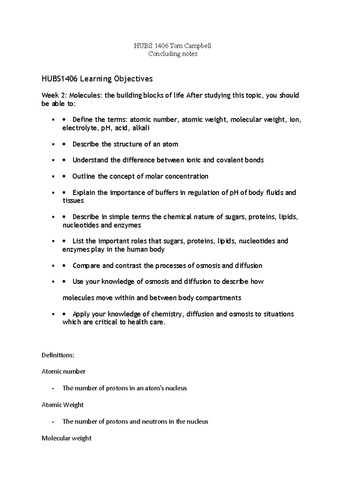 Concluding notes - HUBS 1406 Tom Campbell Concluding notes HUBS1406 ...