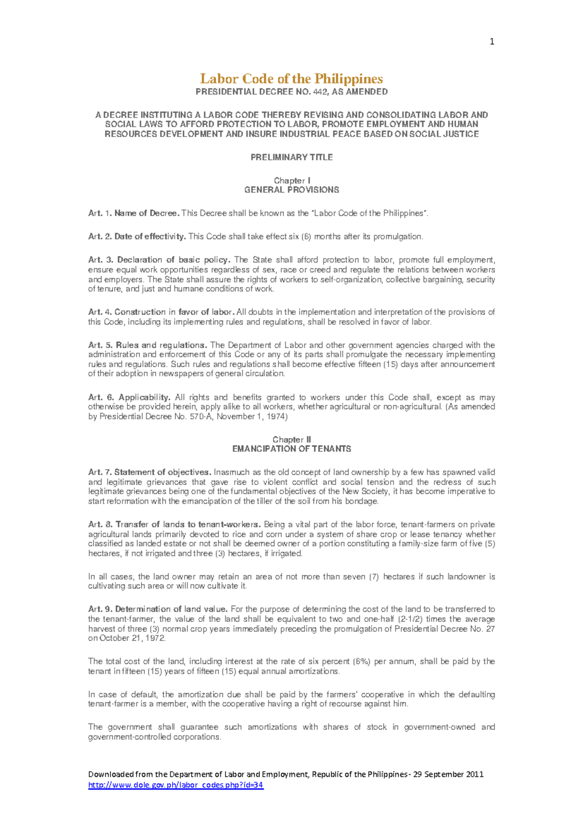Labor Code of the Philippines DOLE - Downloaded from the Department of ...