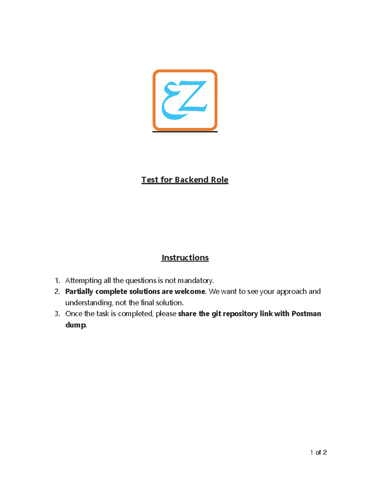Backend Test - good one - 1 of 2 Test for Backend Role Instructions 1 ...