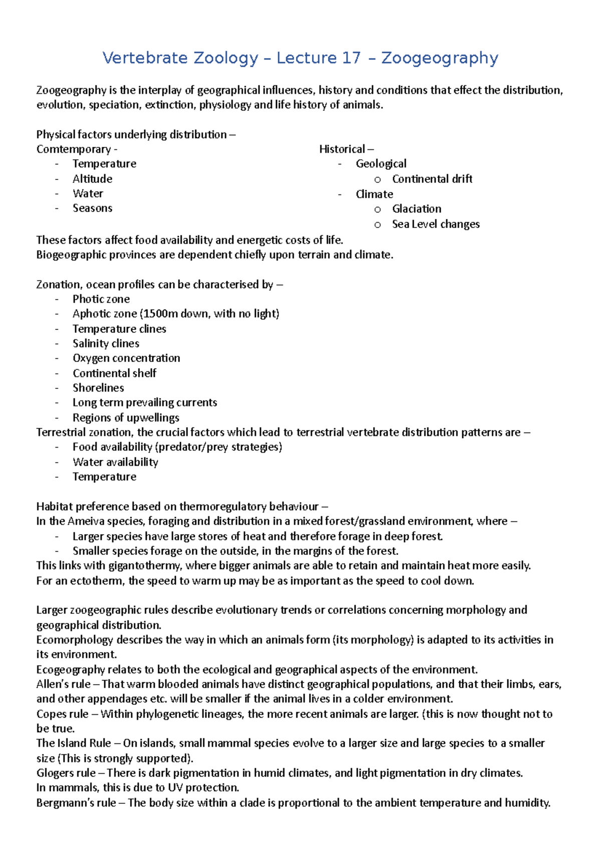 Vertebrate Zoology Lecture 17 - Vertebrate Zoology – Lecture 17 ...