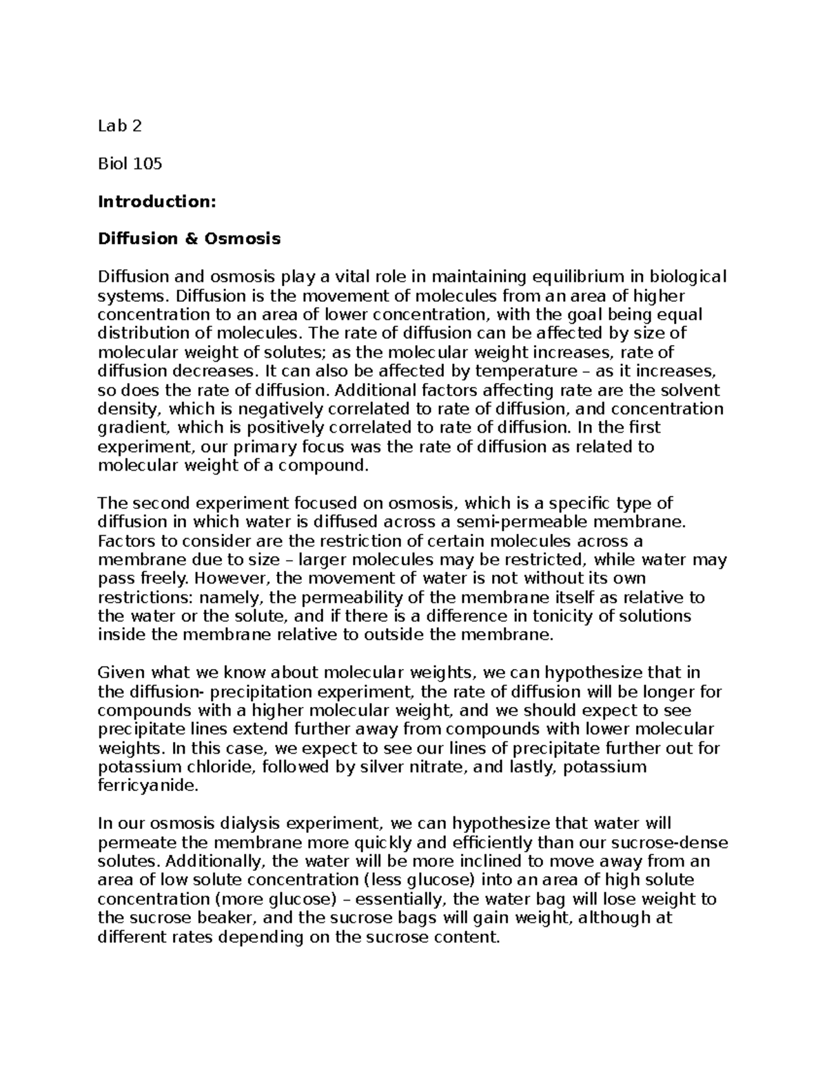 BIOL 105 Lab 2 Diffusion and Osmosis lab report - Lab 2 Biol 105 ...