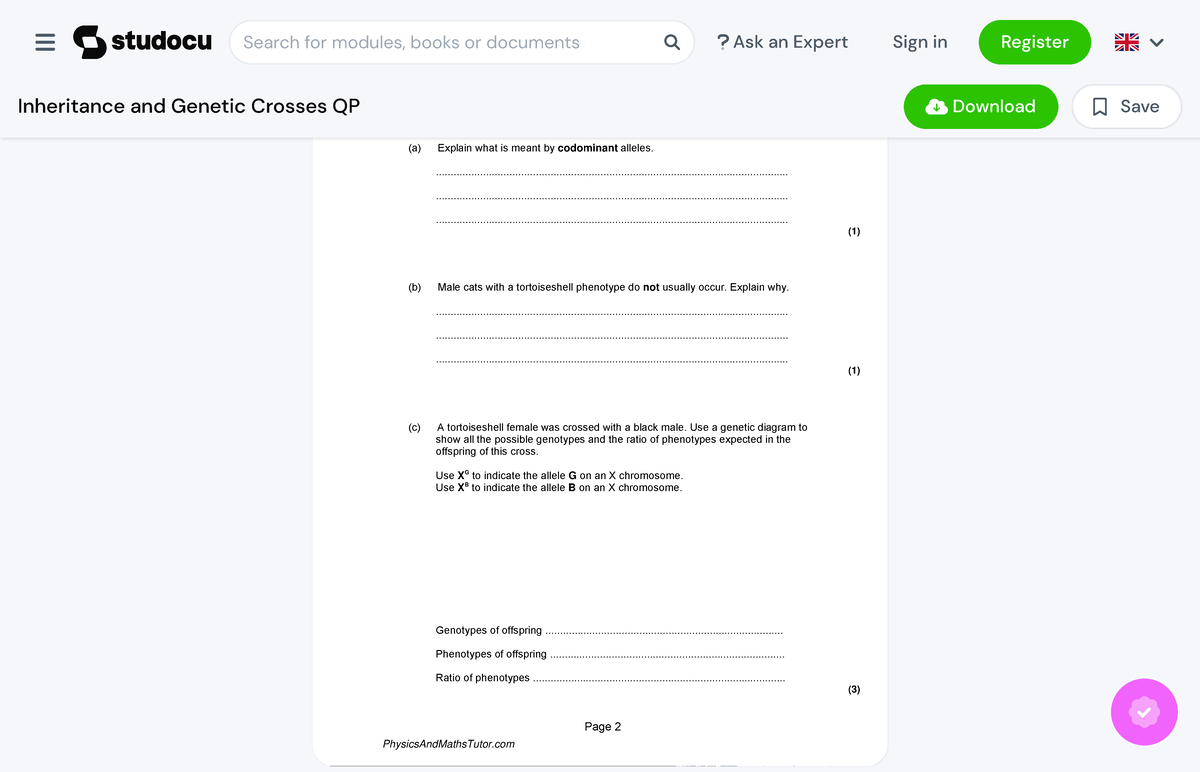 Inheritance and Genetic Crosses QP - Page 2 Q1 ca… - Page 2 (a) Explain ...