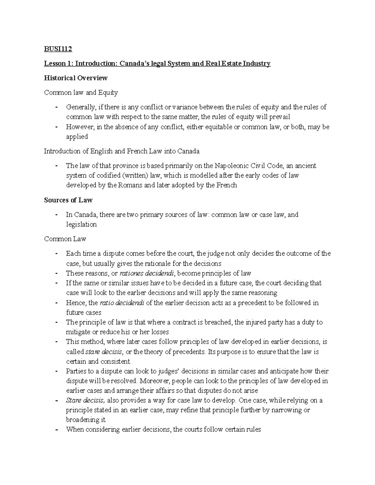 BUSI112 - Chapter 1 - Summary Canadian Law - BUSI Lesson 1 ...