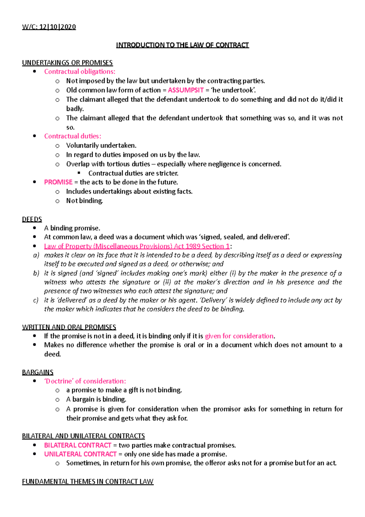 CL 1 - W/C: 12|10| INTRODUCTION TO THE LAW OF CONTRACT UNDERTAKINGS OR ...