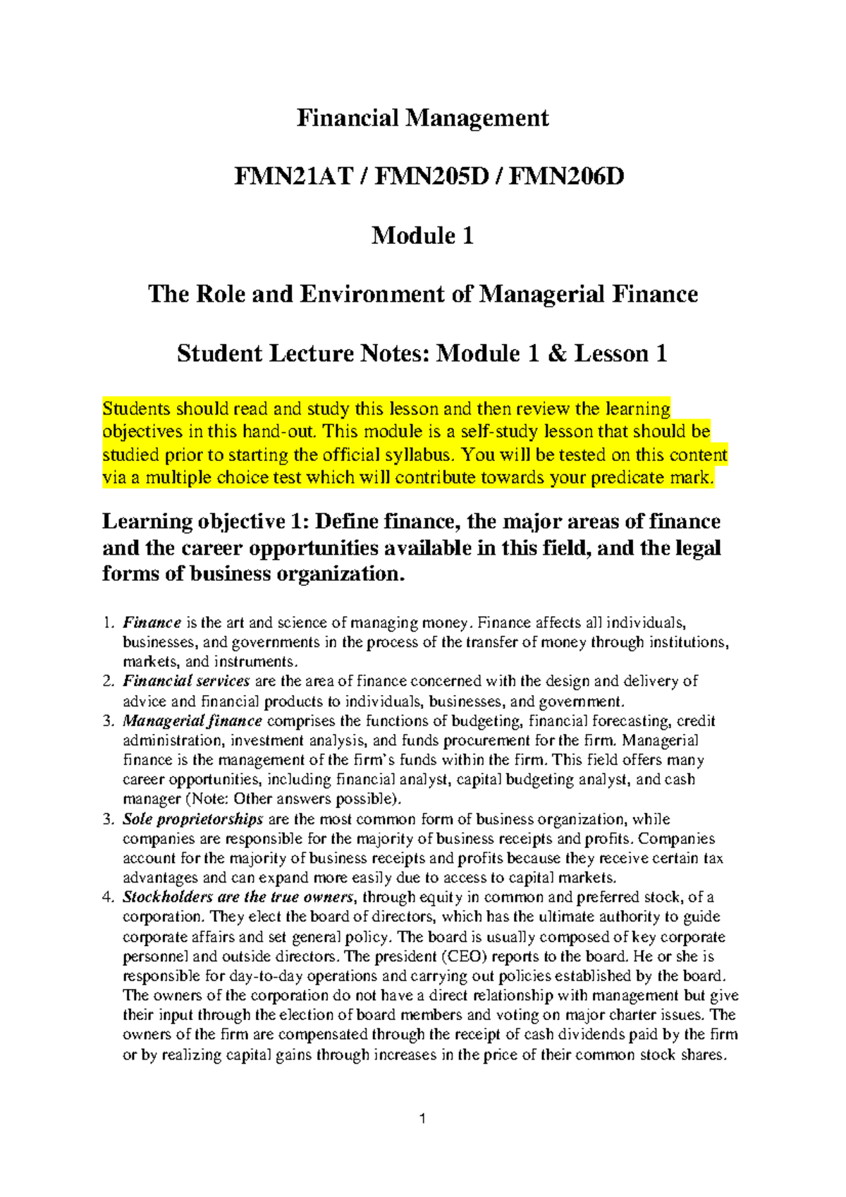 Module 1 & Lesson 1 Role and Environment of Financial Management ...