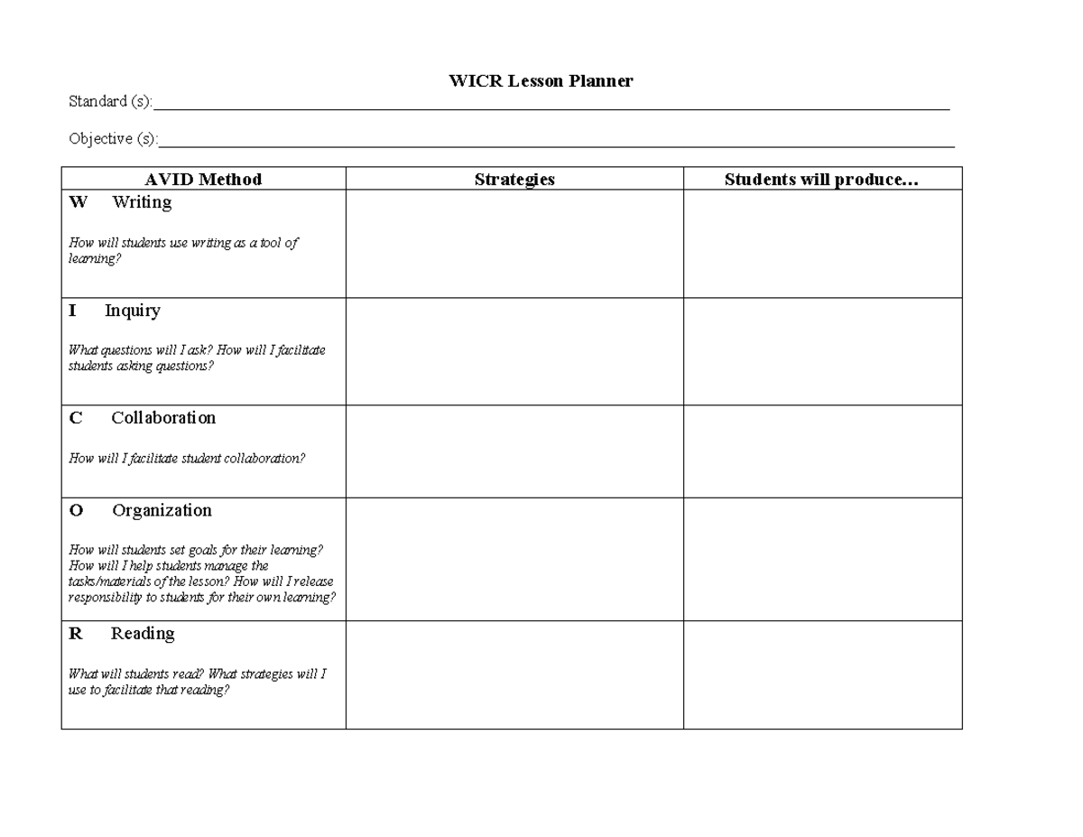 WICR Lesson Planner - WICR Lesson Planner Standard - Studocu