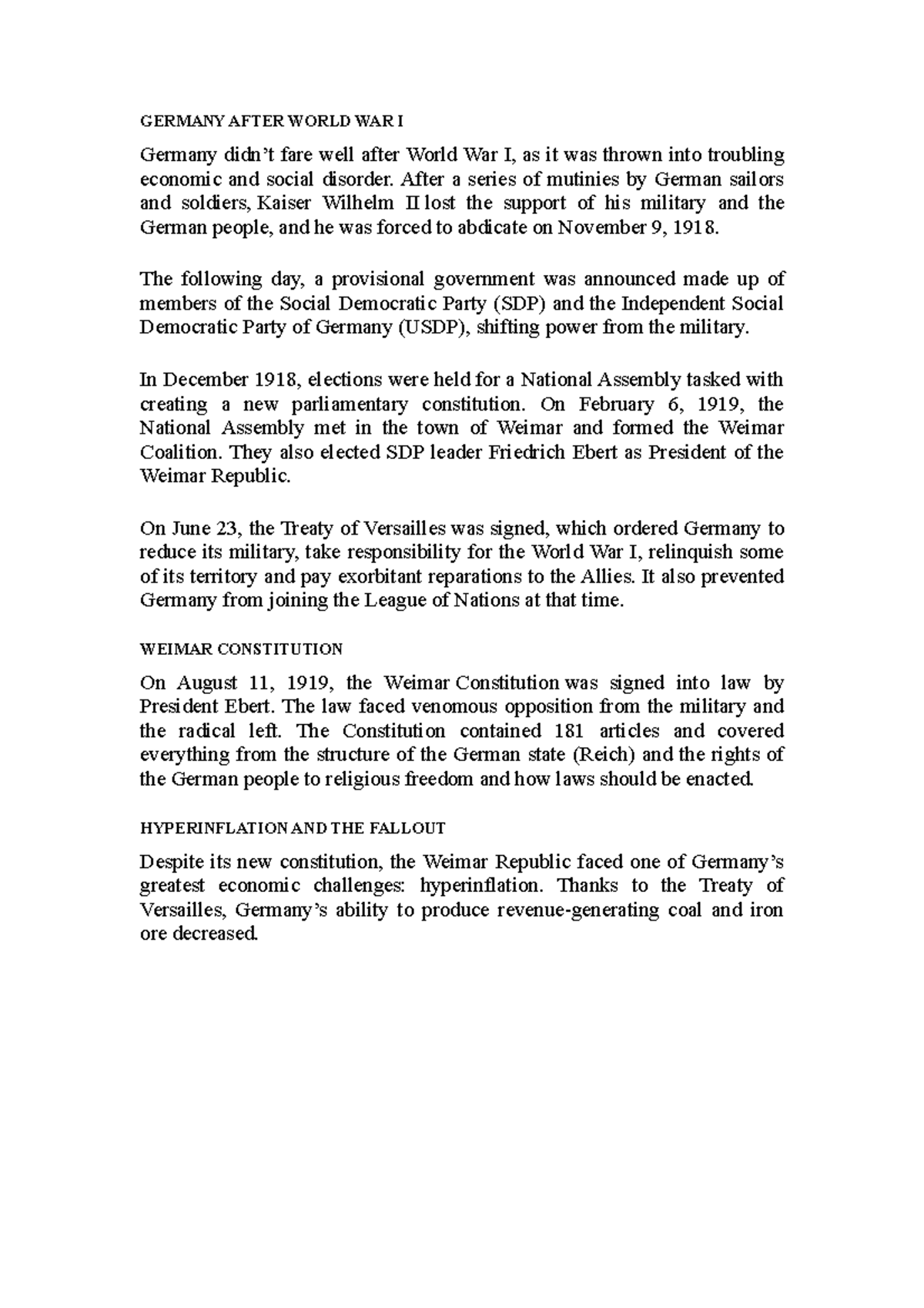 Germany After World WAR I - GERMANY AFTER WORLD WAR I Germany didn’t ...