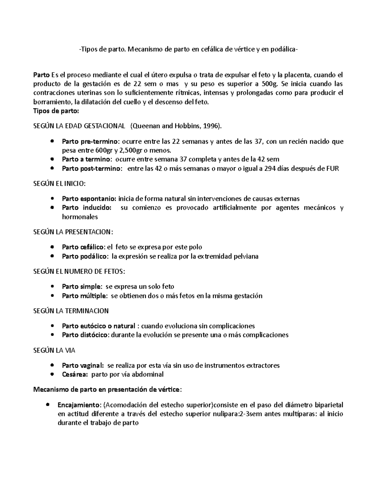 1. Trabajo DE Parto -Tipos de parto. Mecanismo de parto en cefálica de ...