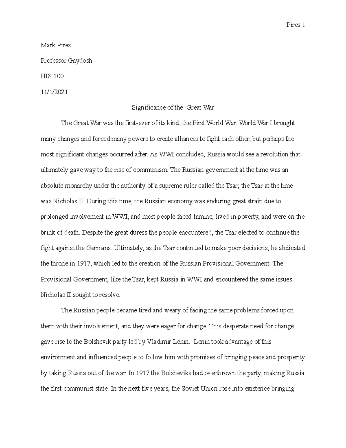 Great War Essay, The effects of the Great War - Mark Pires Professor ...
