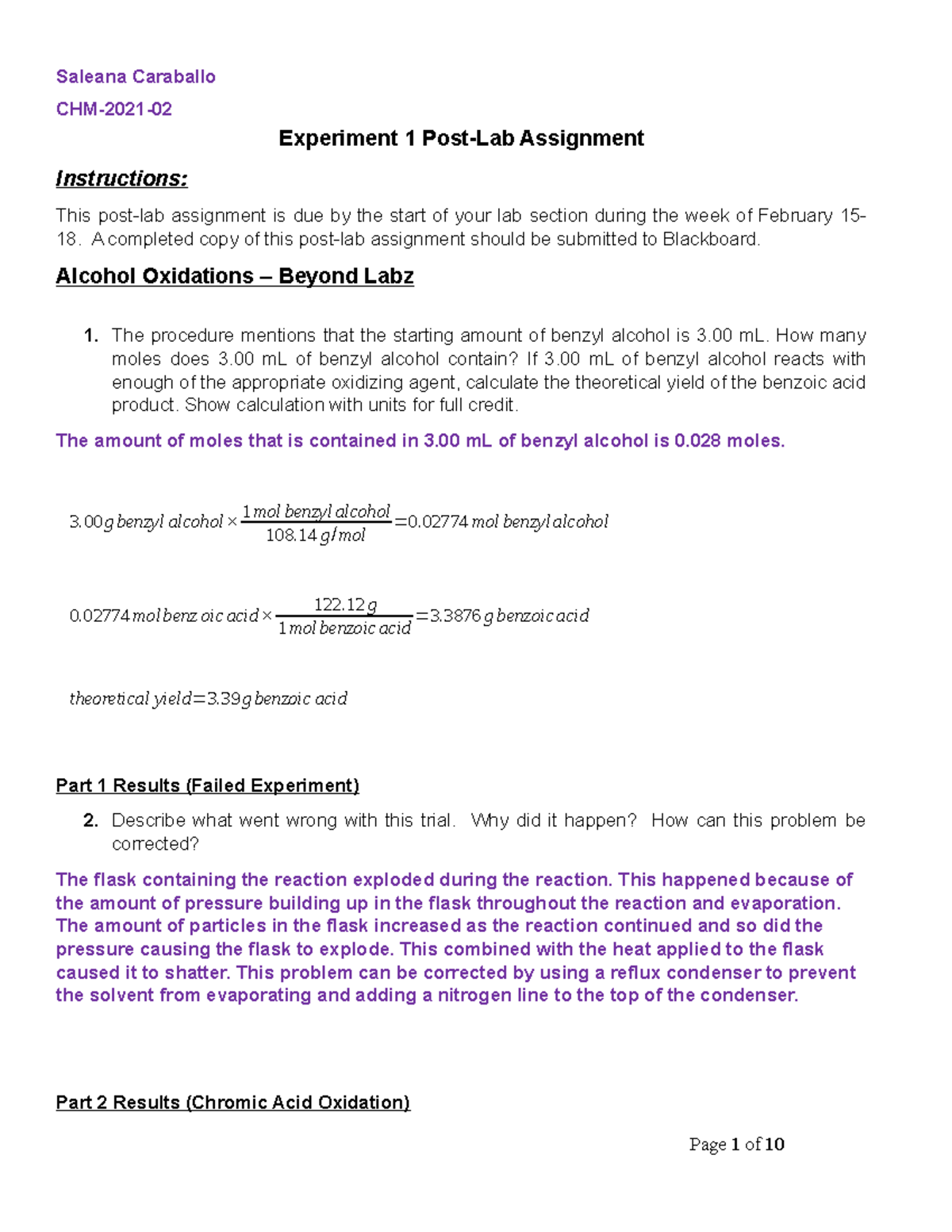 Experiment 1 Post-Lab 1 - Saleana Caraballo CHM-2021- Experiment 1 Post ...