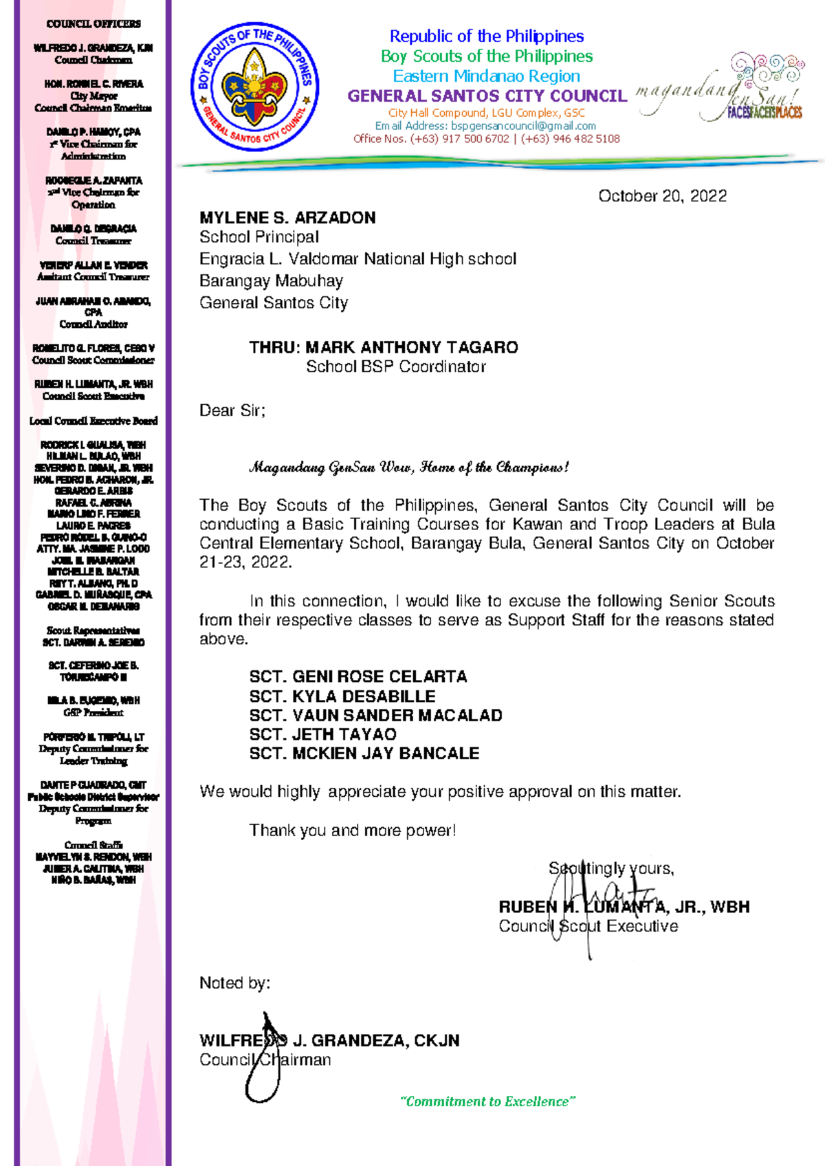 Excuse letter BTC - eithcs - Republic of the Philippines Boy Scouts of ...