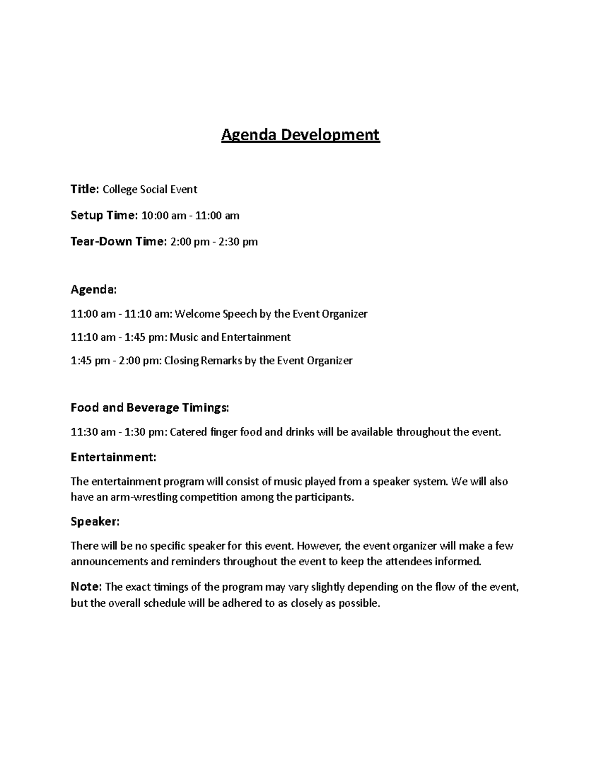 Agenda Development - Agenda Development Title: College Social Event ...