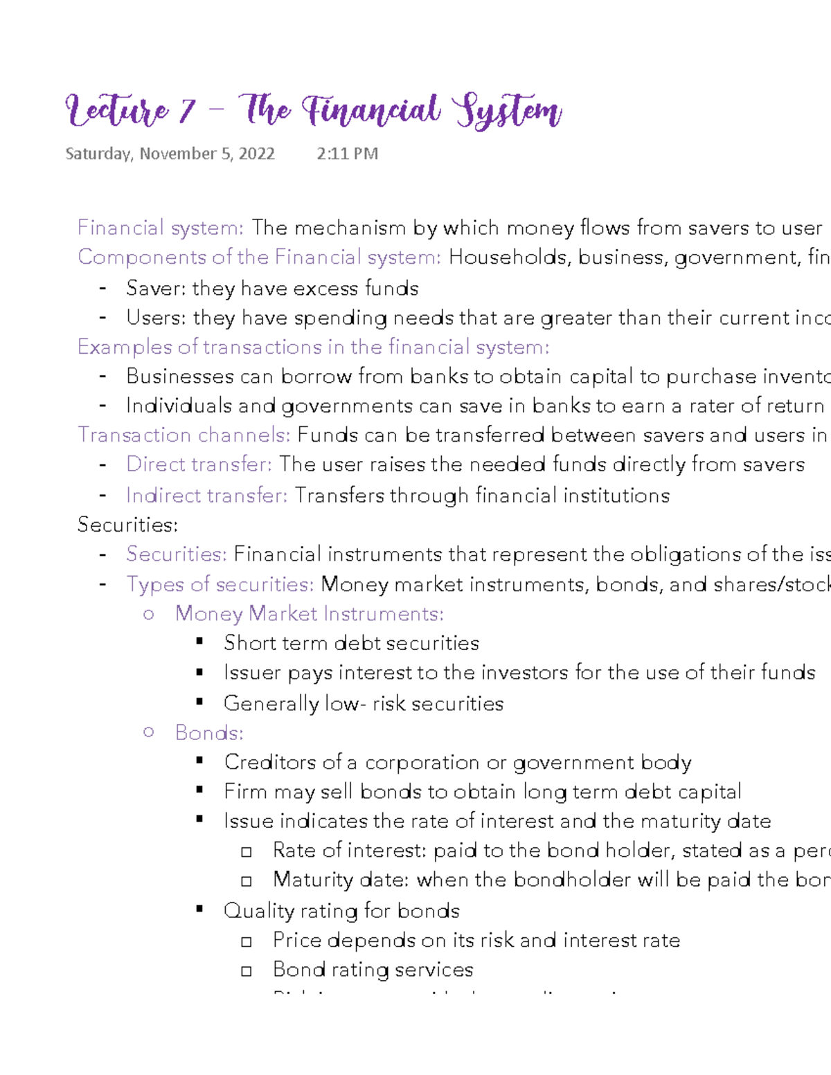 Lecture 7 - The Financial System - Financial system: The mechanism by ...