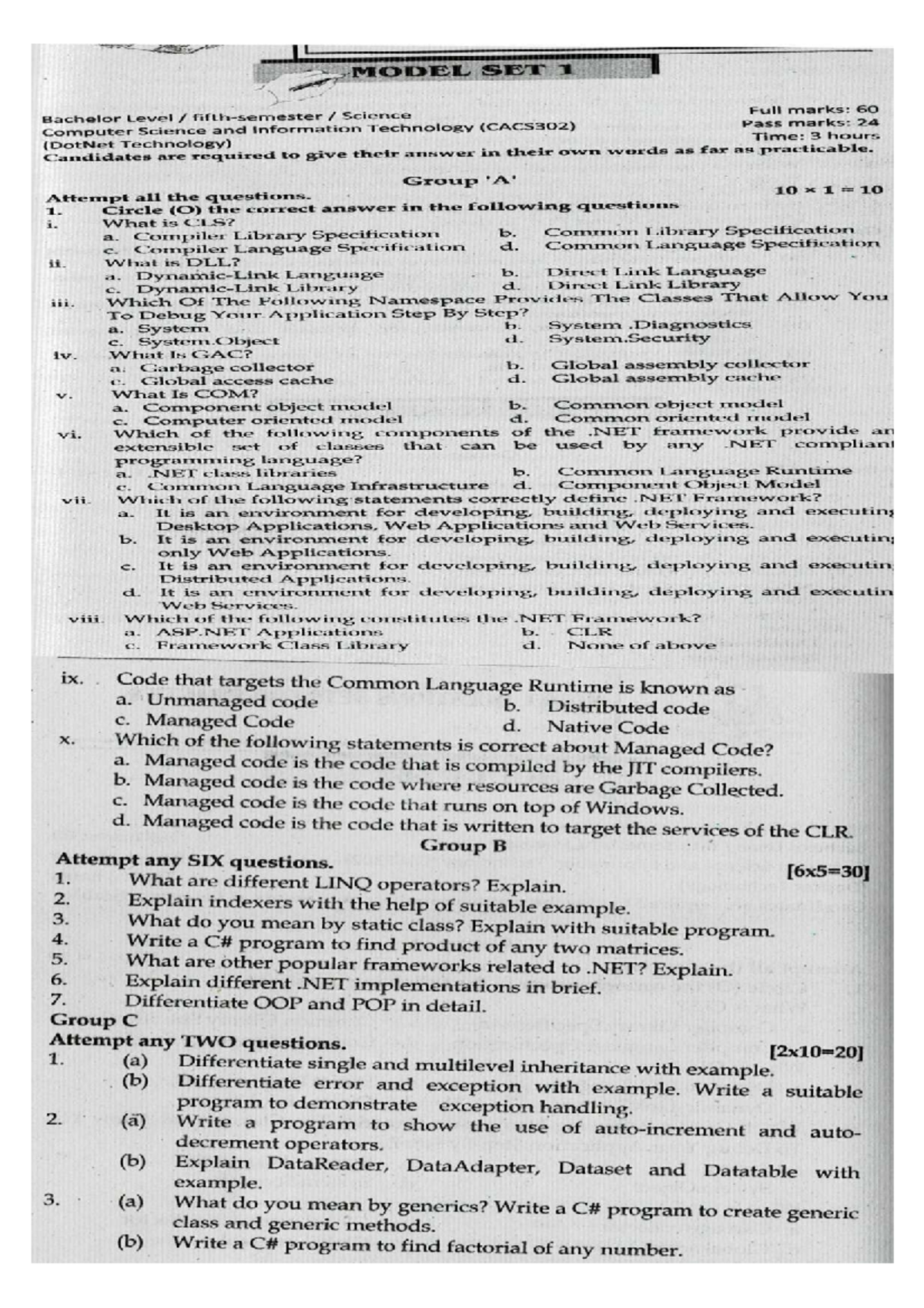 DN - Model Questions - MODEL SET 1 Full marks: 60 Bachelor Level ...