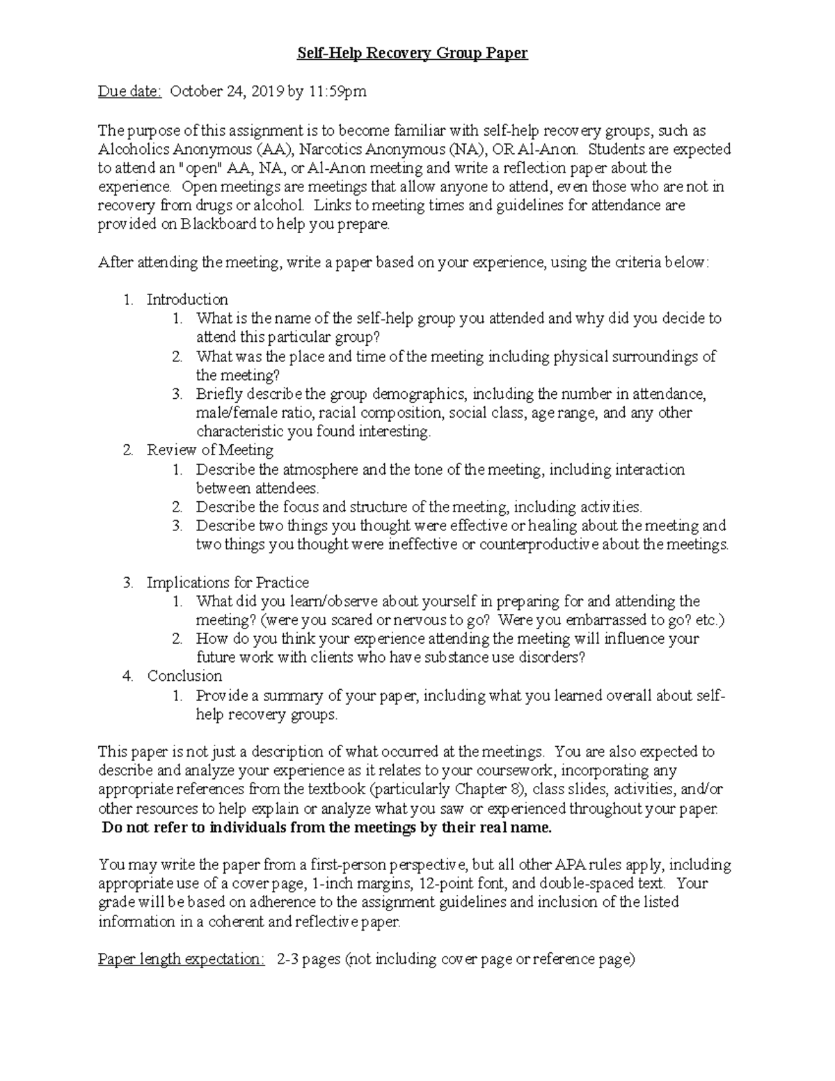 Self Help Recovery Group Paper - Self-Help Recovery Group Paper Due ...