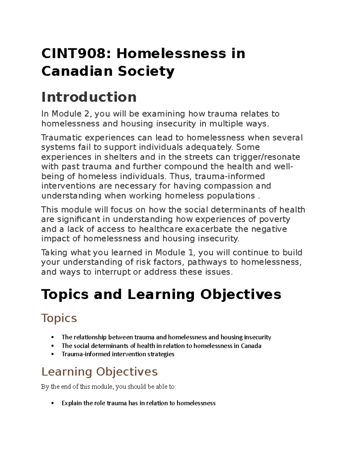 Module 2 cint 908 - CINT908: Homelessness in Canadian Society ...