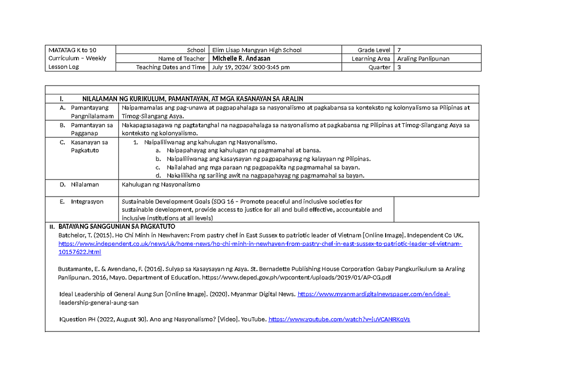 Matatag Demo-1 - Reference - MATATAG K to 10 Curriculum – Weekly Lesson Log School Elim Lisap ...
