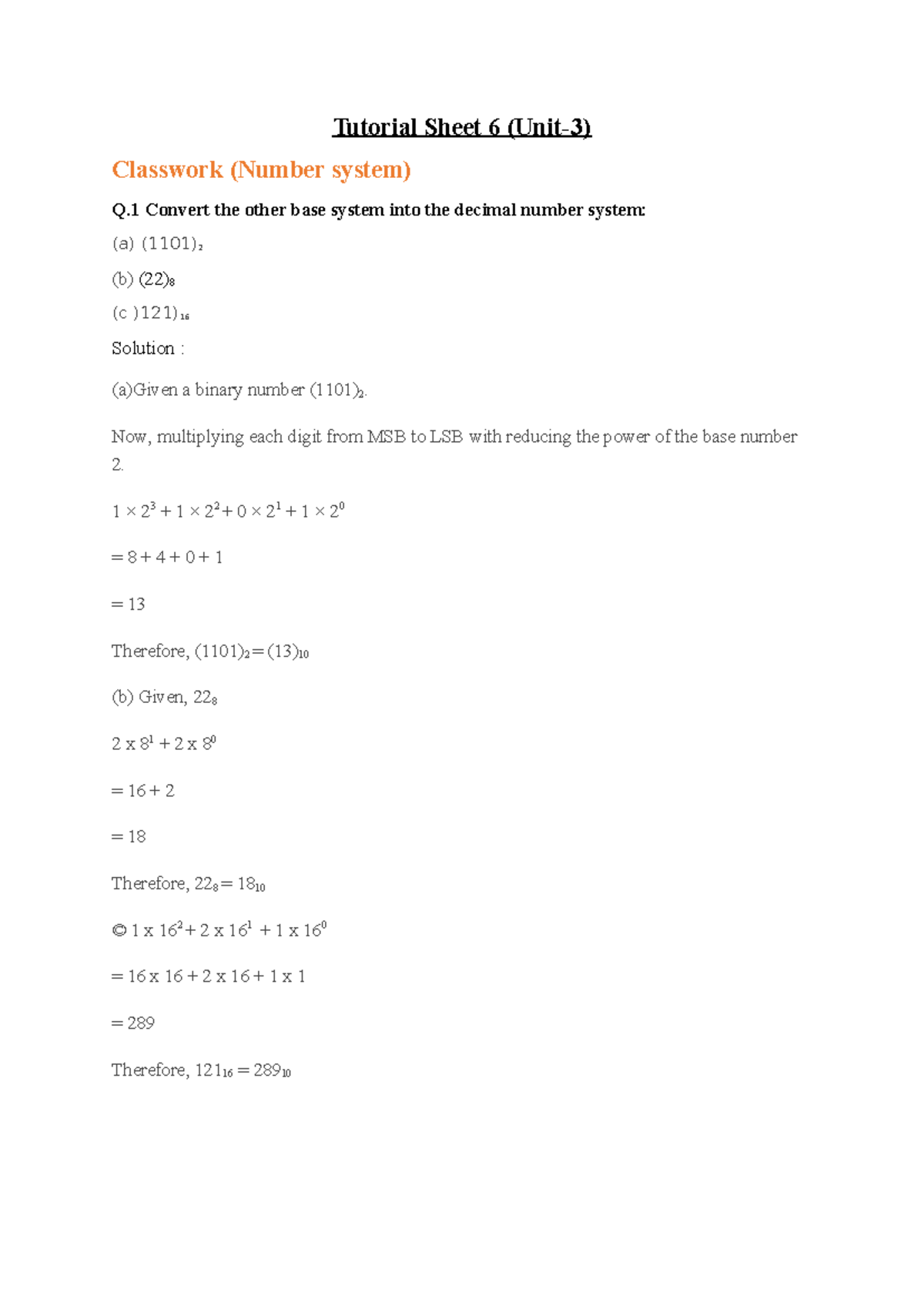 Tutorial Sheet 6 Unit3 - Tutorial Sheet 6 (Unit-3) Classwork (Number ...