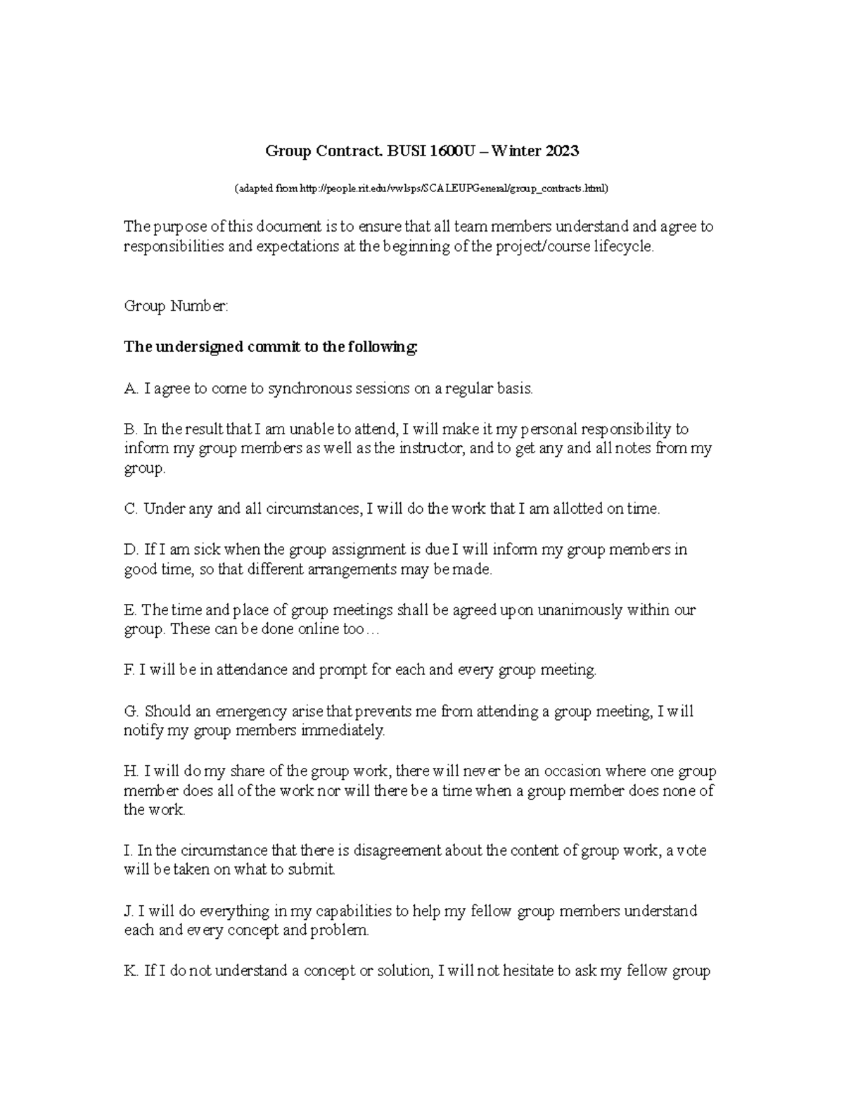 Group Contract Template - Group Contract. BUSI 1600U – Winter 2023 ...