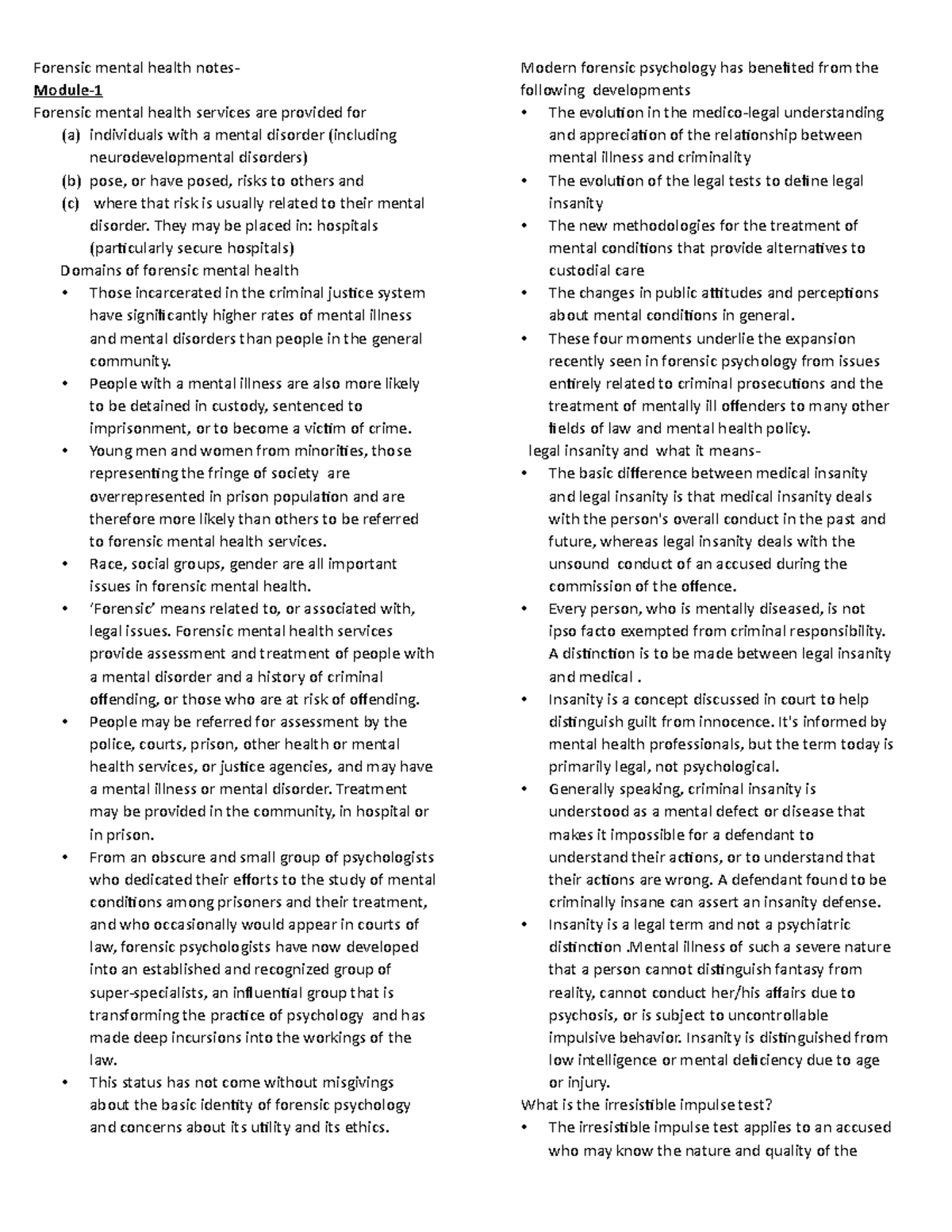 Forensic mental health notes - Forensic mental health notes- Module ...