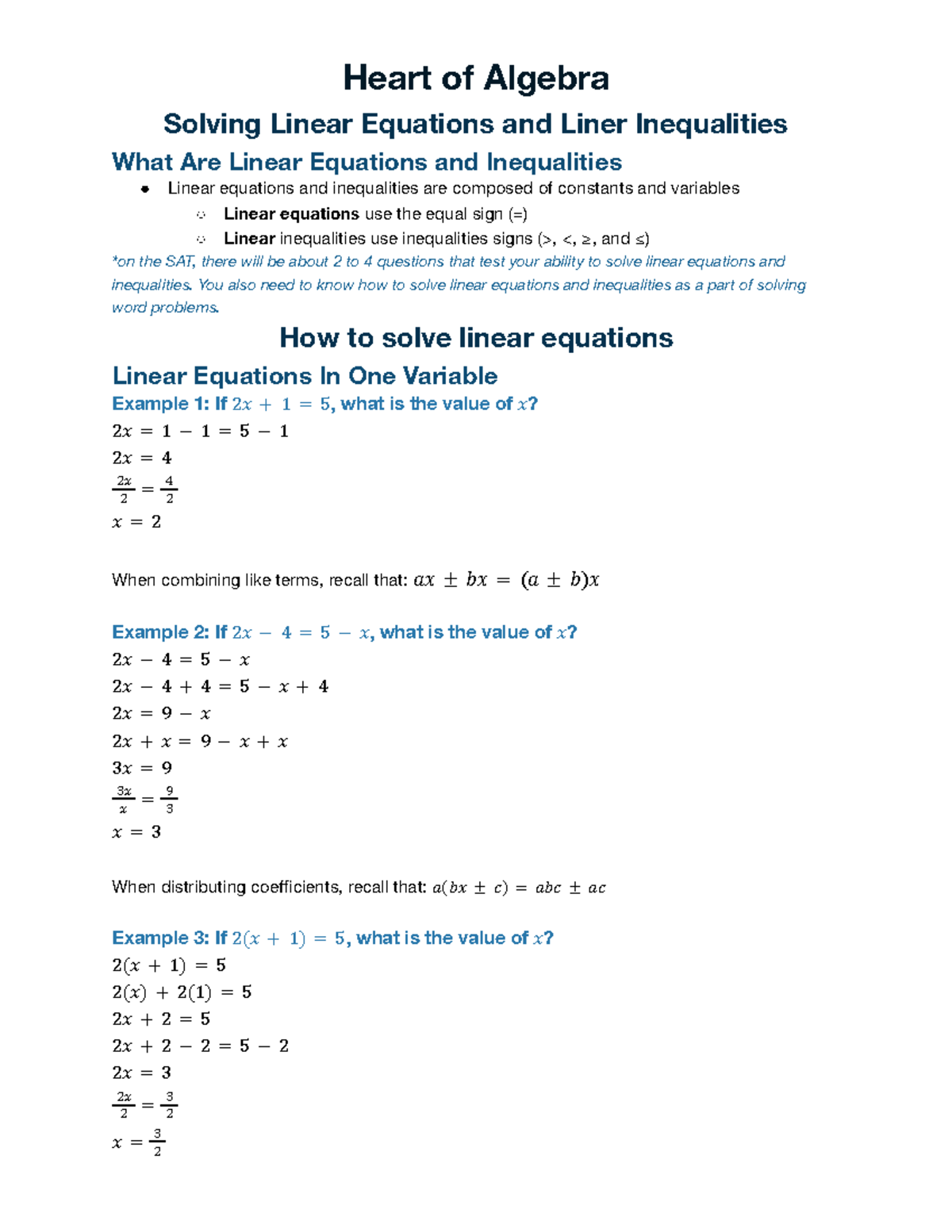 Heart of Algebra-2 - Heart of Algebra Solving Linear Equations and ...