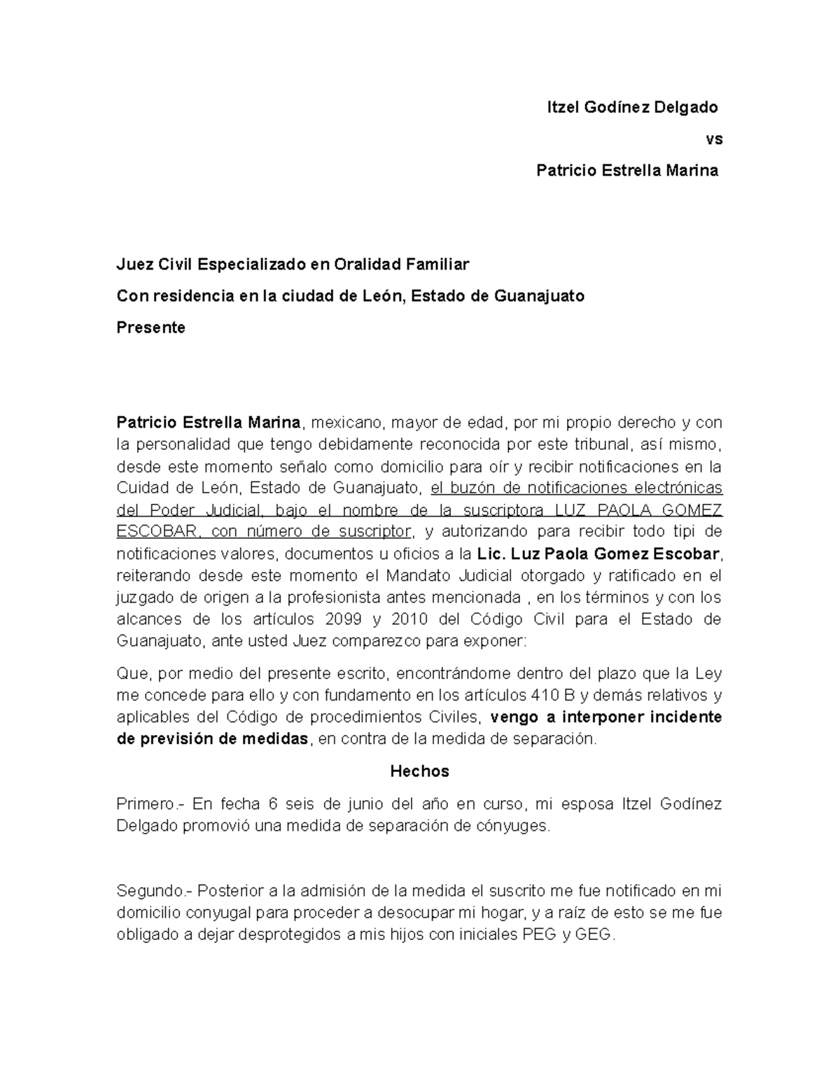 Indcidente medida de separacion - Itzel Godínez Delgado vs Patricio ...
