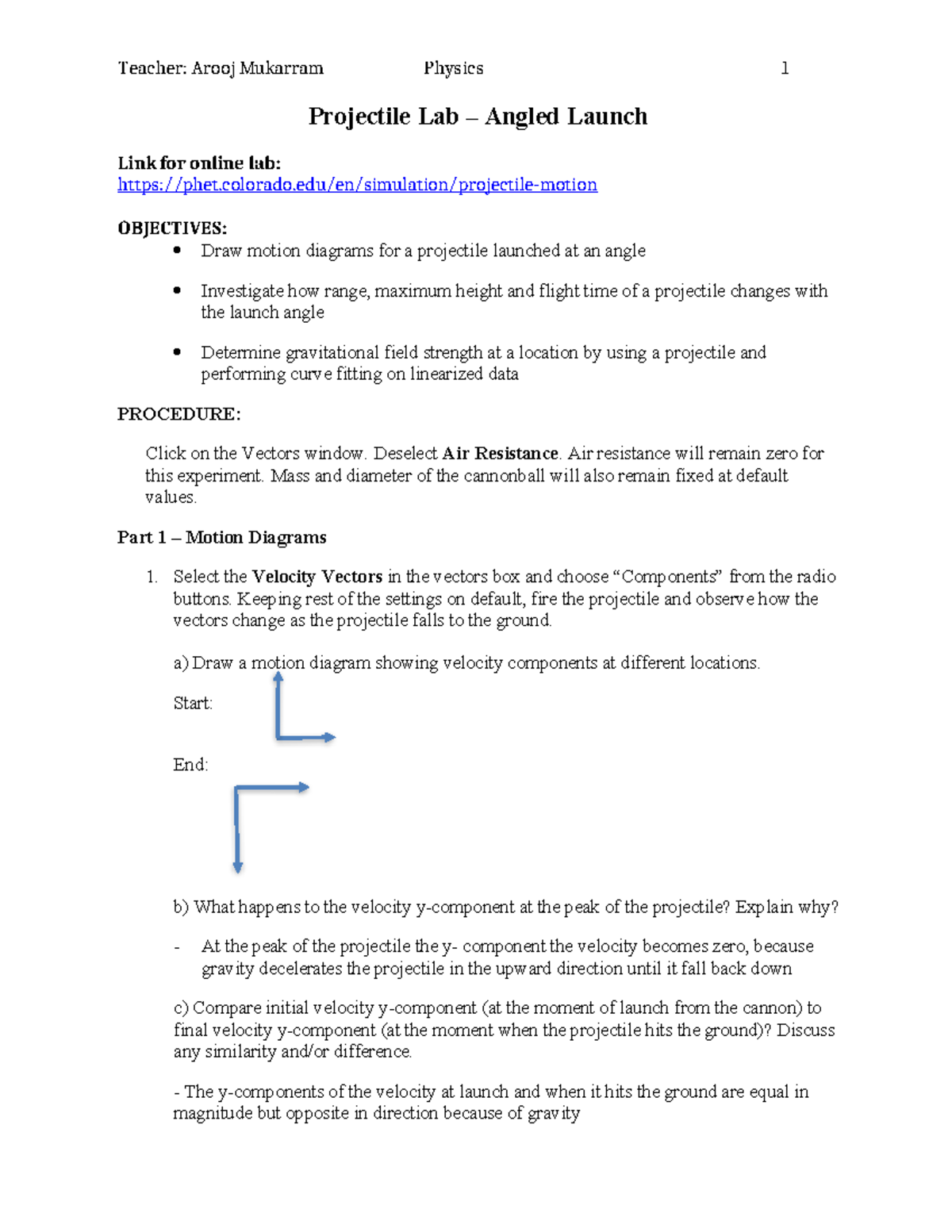 3. GWC Physics Online LAB 3- Projectile Lab (Angled Launch) - Teacher ...