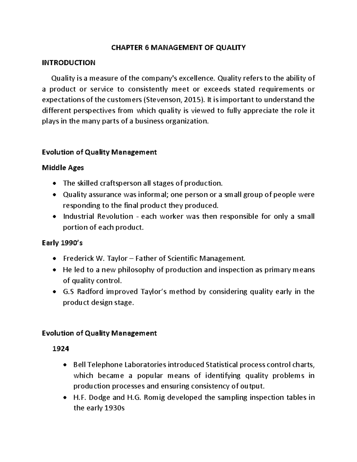 Chapter 6 Management OF Quality - CHAPTER 6 MANAGEMENT OF QUALITY ...