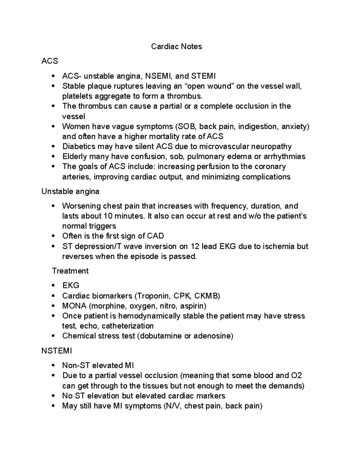Cardiac notes - Cardiac Notes ACS ACS- unstable angina, NSEMI, and ...