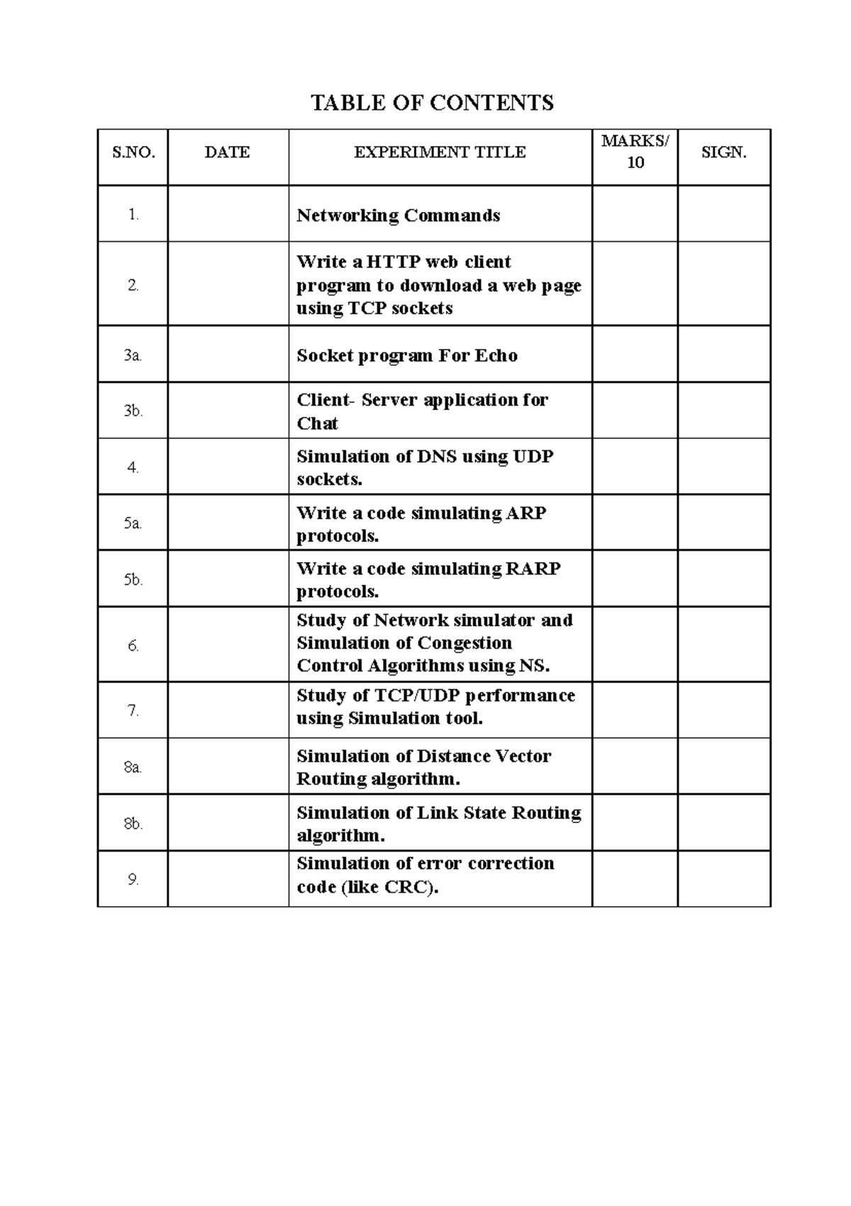 Cn 1 - TABLE OF CONTENTS S. DATE EXPERIMENT TITLE MARKS/ 10 SIGN. 1 ...