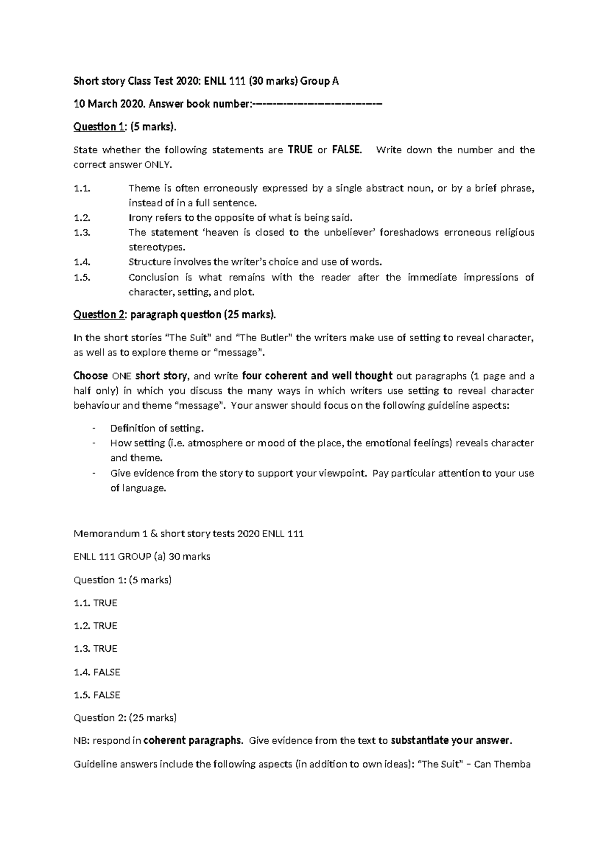 Memorandum 1 2 short story tests and questions 2020 - Short story Class ...