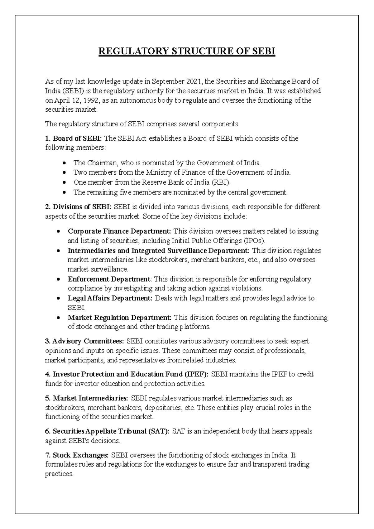Regulatory Structure OF SEBI - REGULATORY STRUCTURE OF SEBI As of my ...