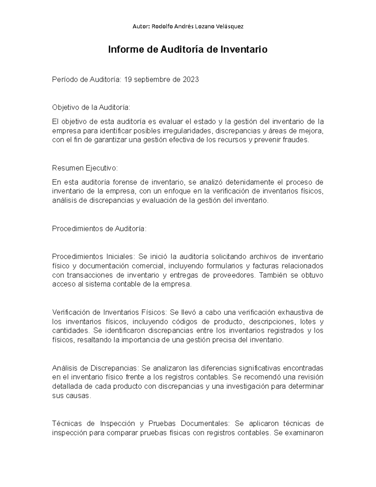 Informe de Auditoría de Inventario - Autor: Rodolfo Andrés Lozano ...