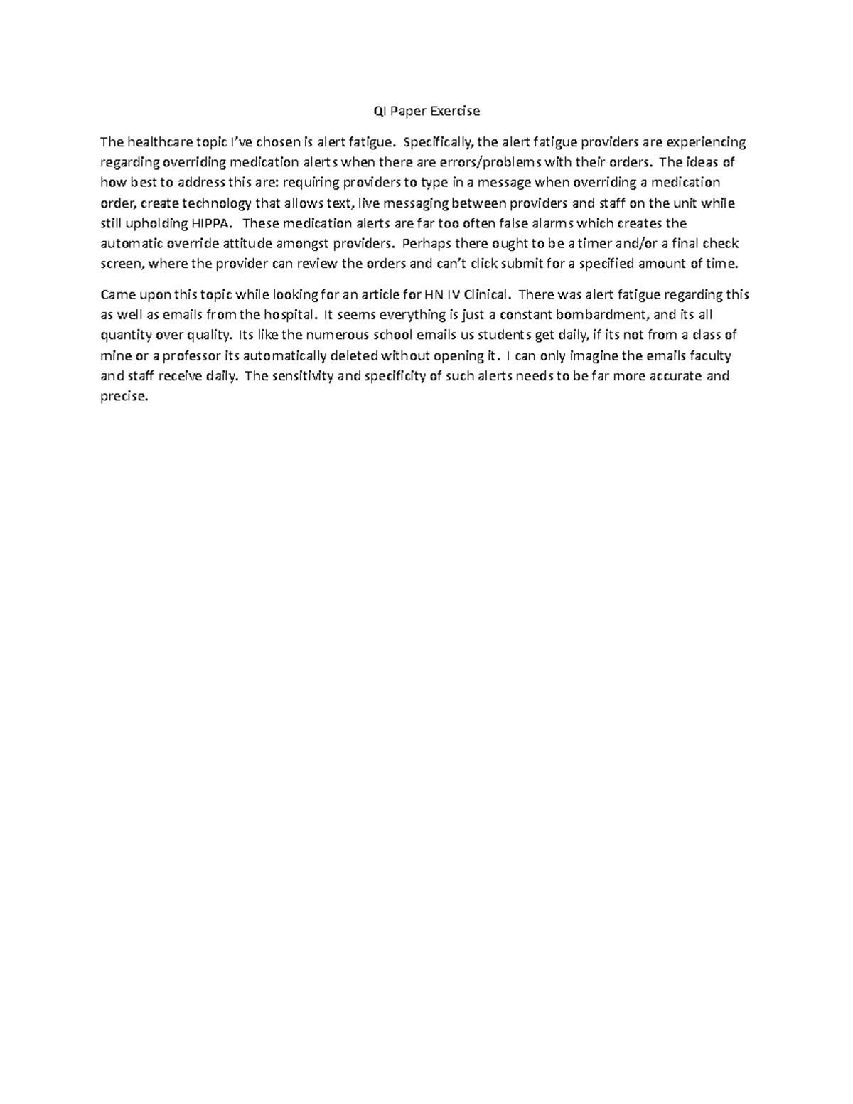 QI Paper Exercise - Quality Improvement - QI Paper Exercise The ...