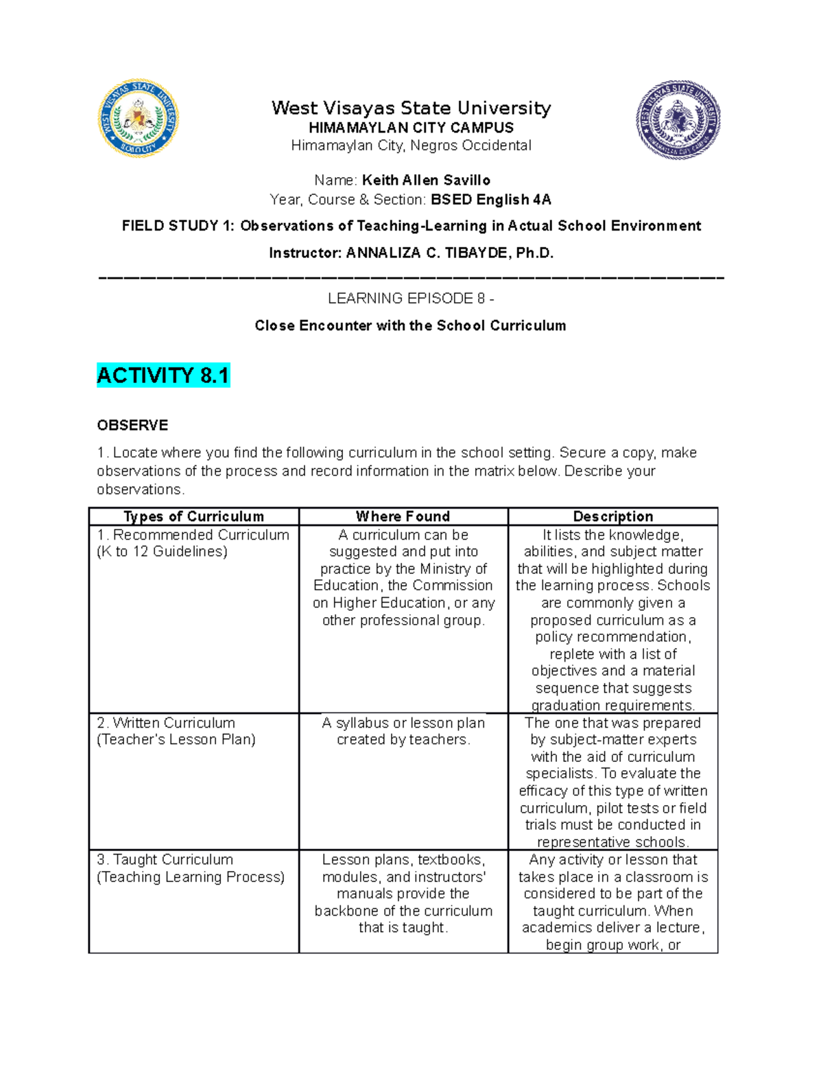 U8 Savillo (Done) - School work for Field Study 1 - West Visayas State ...