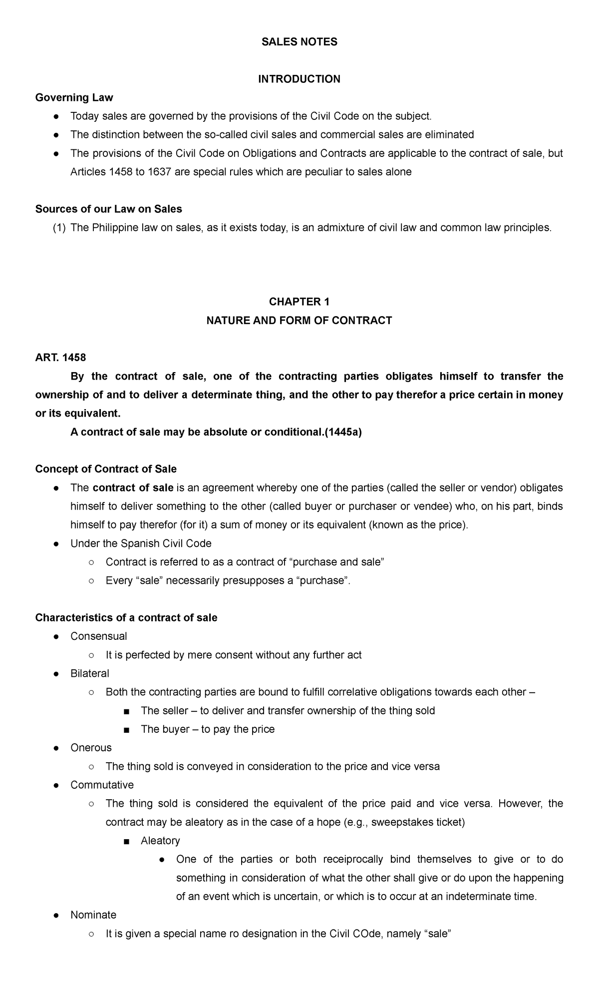Law on Sales - Chapter 1 Notes - SALES NOTES INTRODUCTION Governing Law ...