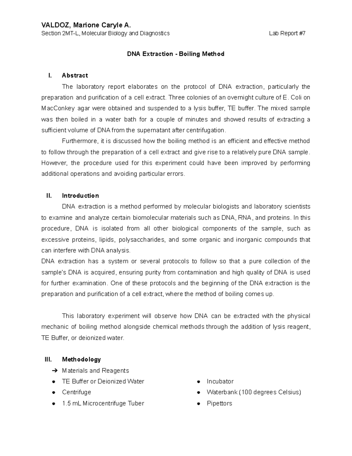 MolBio - Laboratory Report #7 - Section 2MT-L, Molecular Biology and ...