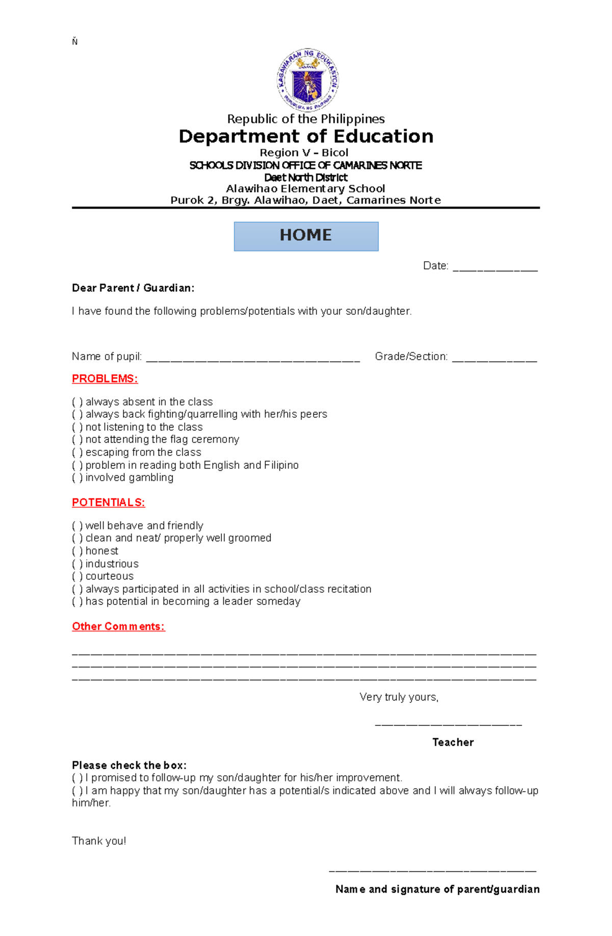 HOME- Visitaton-FORM - for school purposes - Ň Republic of the ...