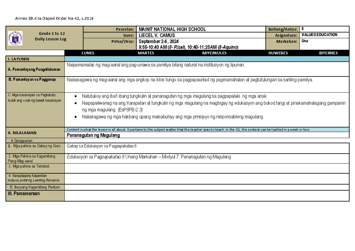 VAL ED 8 Q1 Week 6 - DLL in Values Education - Annex 2B to Deped Order ...