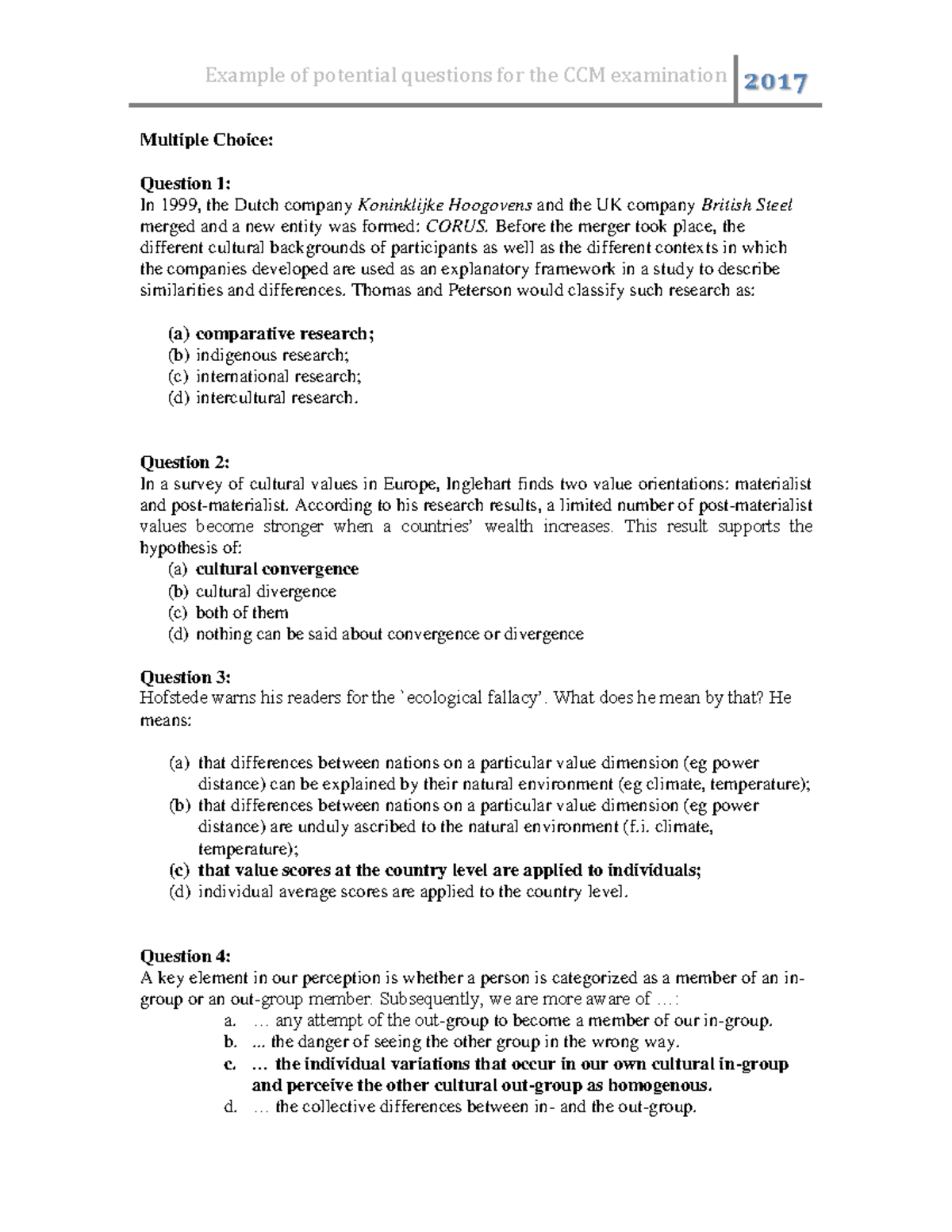 Example of exam questions 2017 - Example of potential questions for the ...