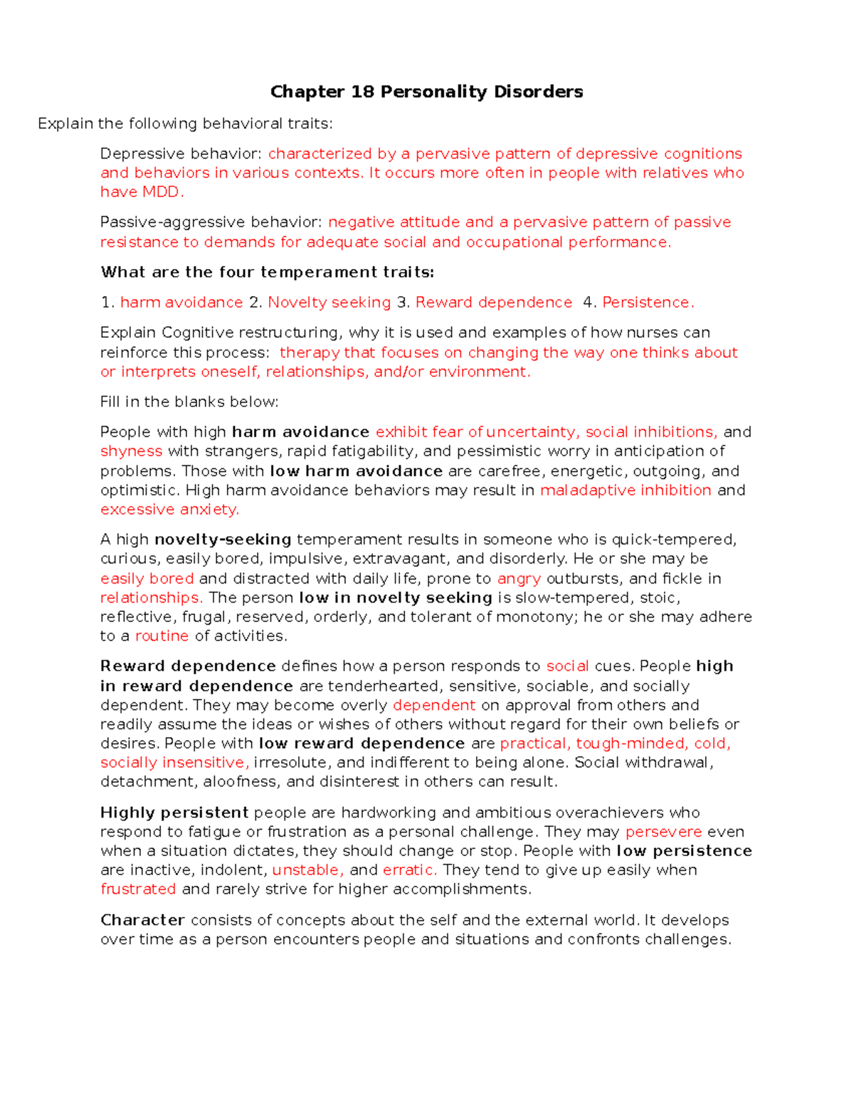 Chapter 18 - Chapter 18 Personality Disorders Explain the following ...