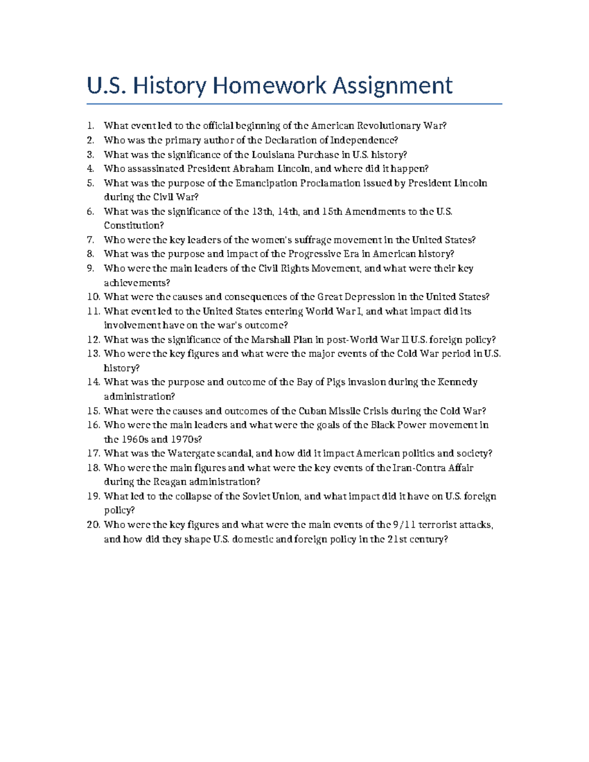 US History Homework Assignment - U. History Homework Assignment 1. What ...