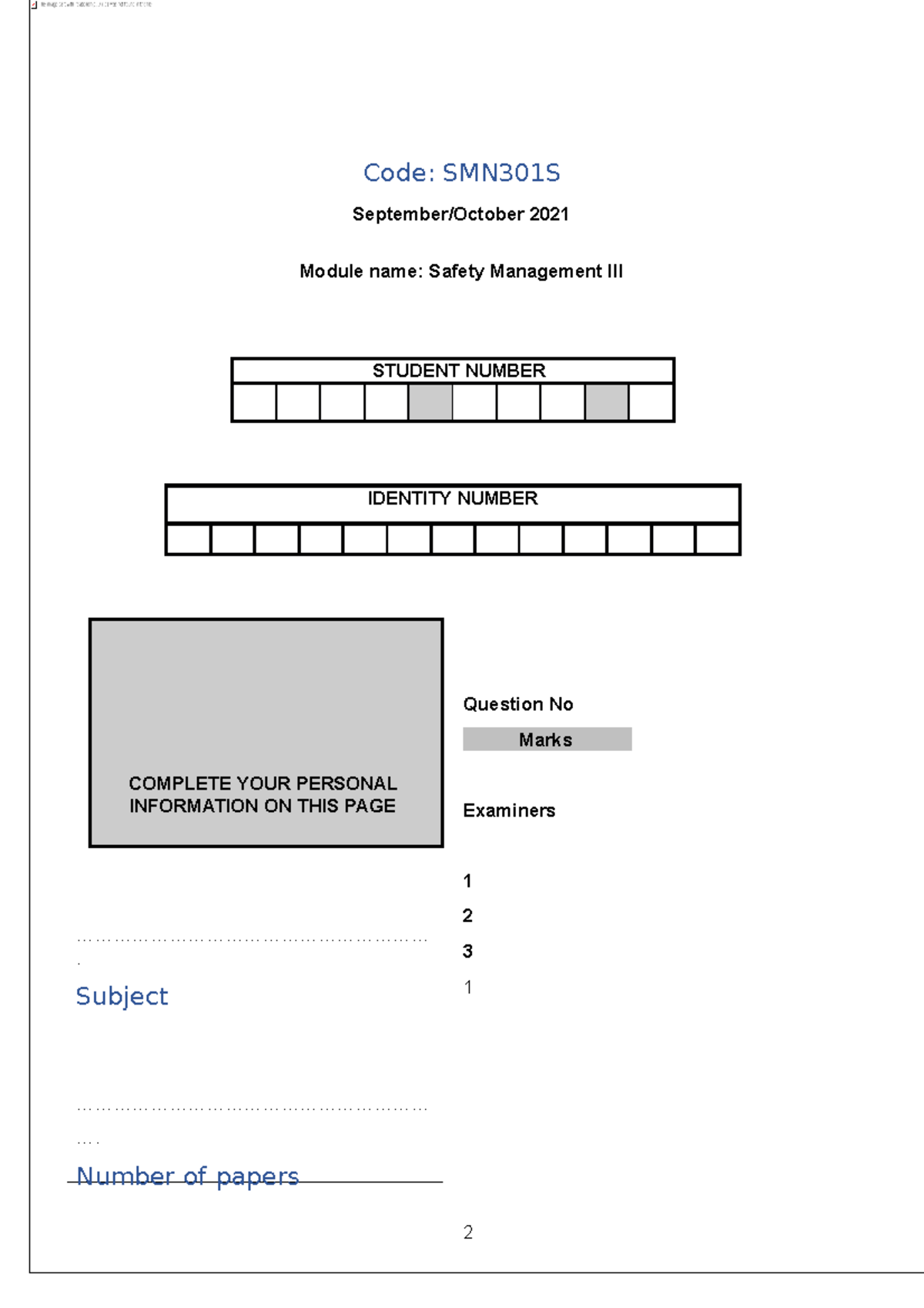 Document - Hgffhjjjj - Code: SMN301S September/October 2021 Module name ...