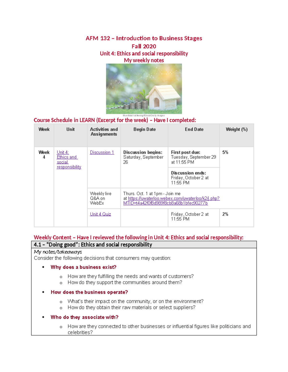 AFM 132 - Unit 4 - My Weekly Notes - AFM 132 – Introduction to Business ...