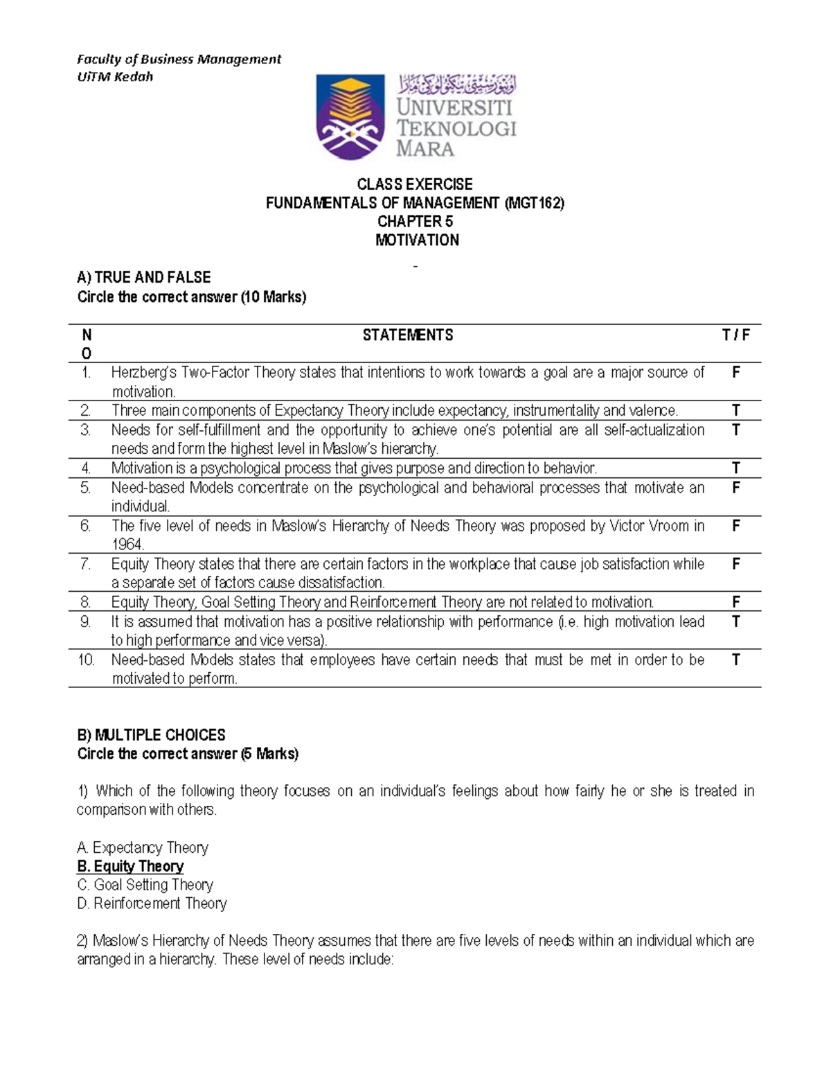 Exercise MGT162- Chapter 5 ( Question) - UiTM Kedah CLASS EXERCISE ...
