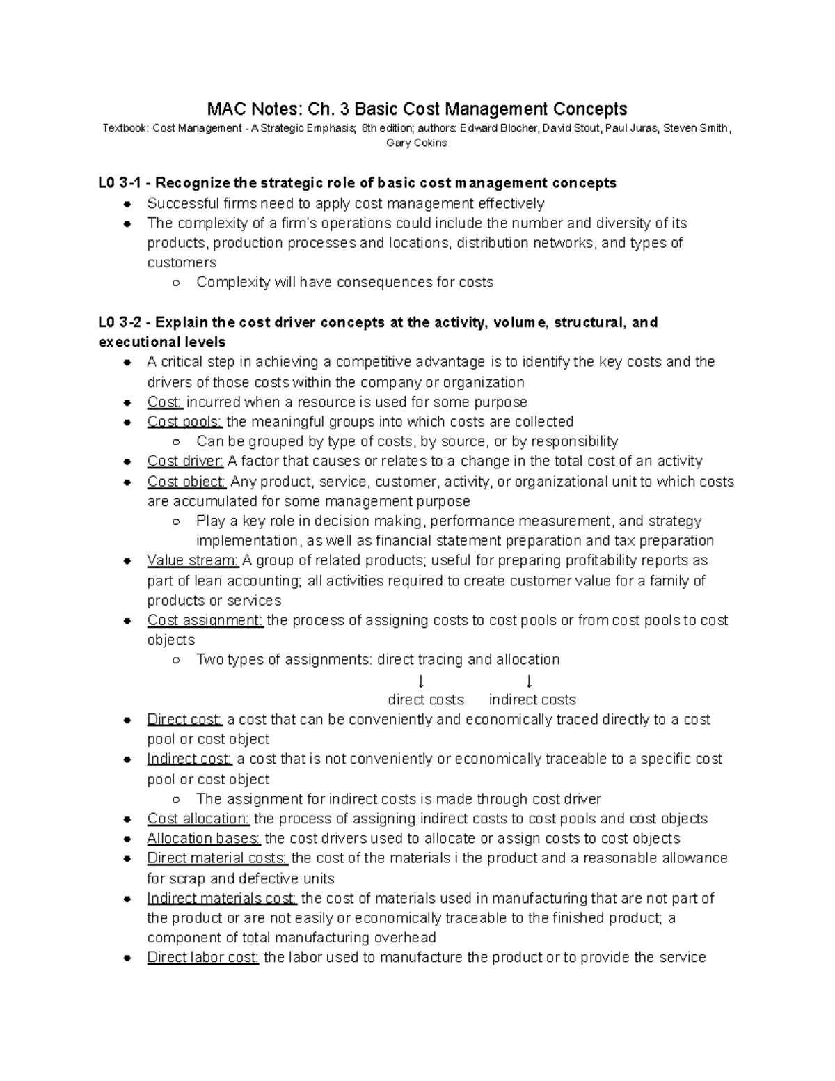 Managerial Accounting Textbook Notes 1 - MAC Notes: Ch. 3 Basic Cost ...