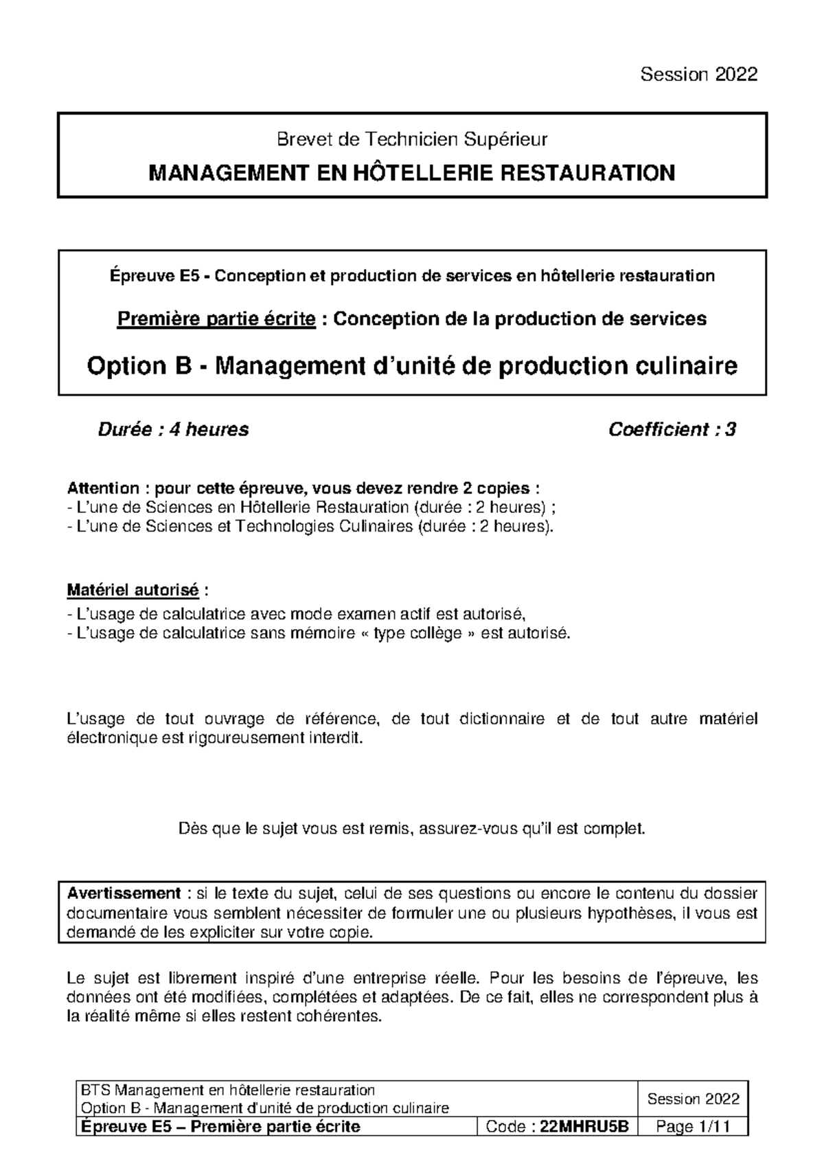 Sujet BTS 2022 - annales - BTS Management en hôtellerie restauration ...