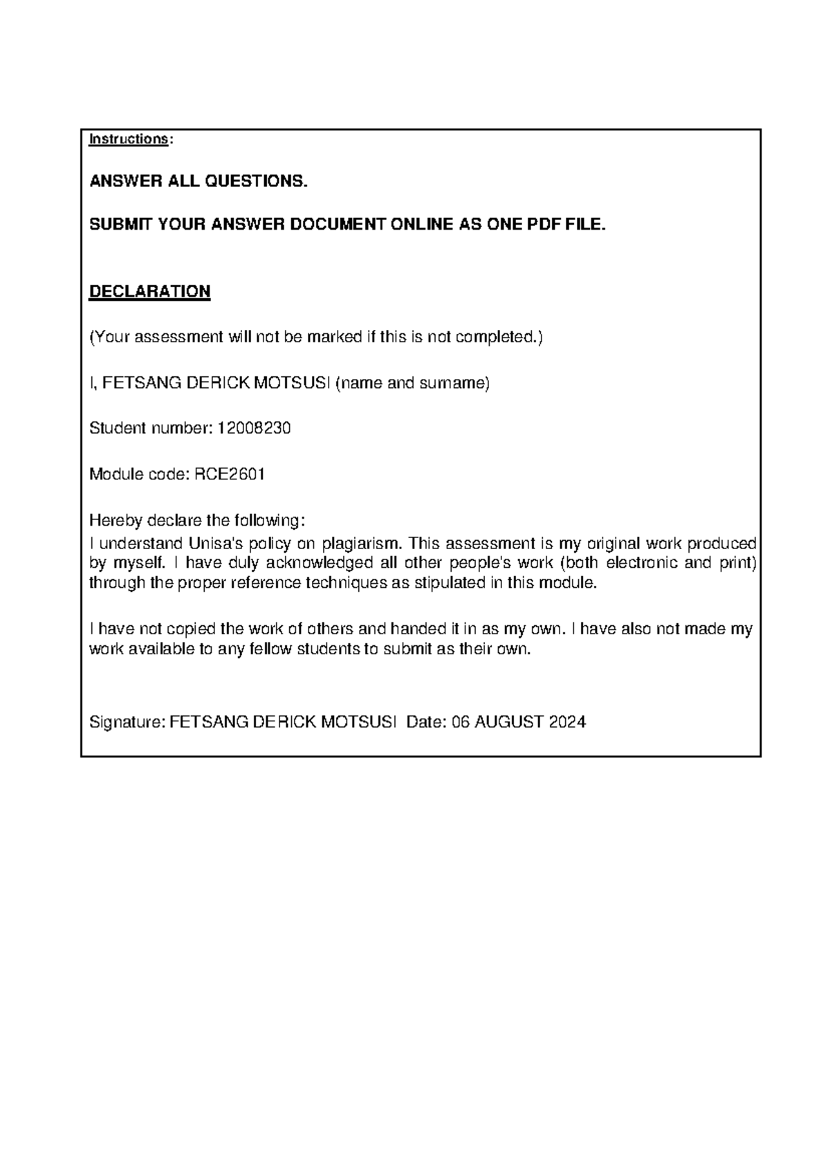 Assignment 2 RCE2601 12008 23 - Instructions: ANSWER ALL QUESTIONS. SUBMIT YOUR ANSWER DOCUMENT ...